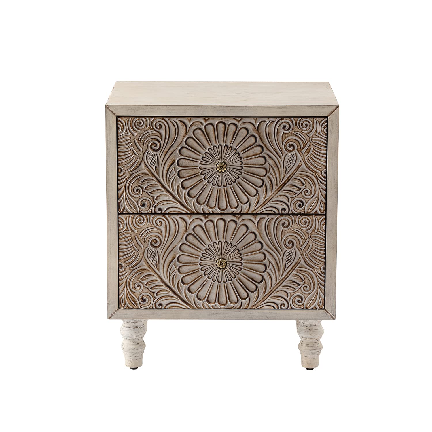 HOMPUS Nightstand, Rustic End Table with 2 Pattern Carved Drawers, Vintage Night Stand with 4 Wood Legs, Small Dresser for Bedroom, Living Room, Light Grey Grain
