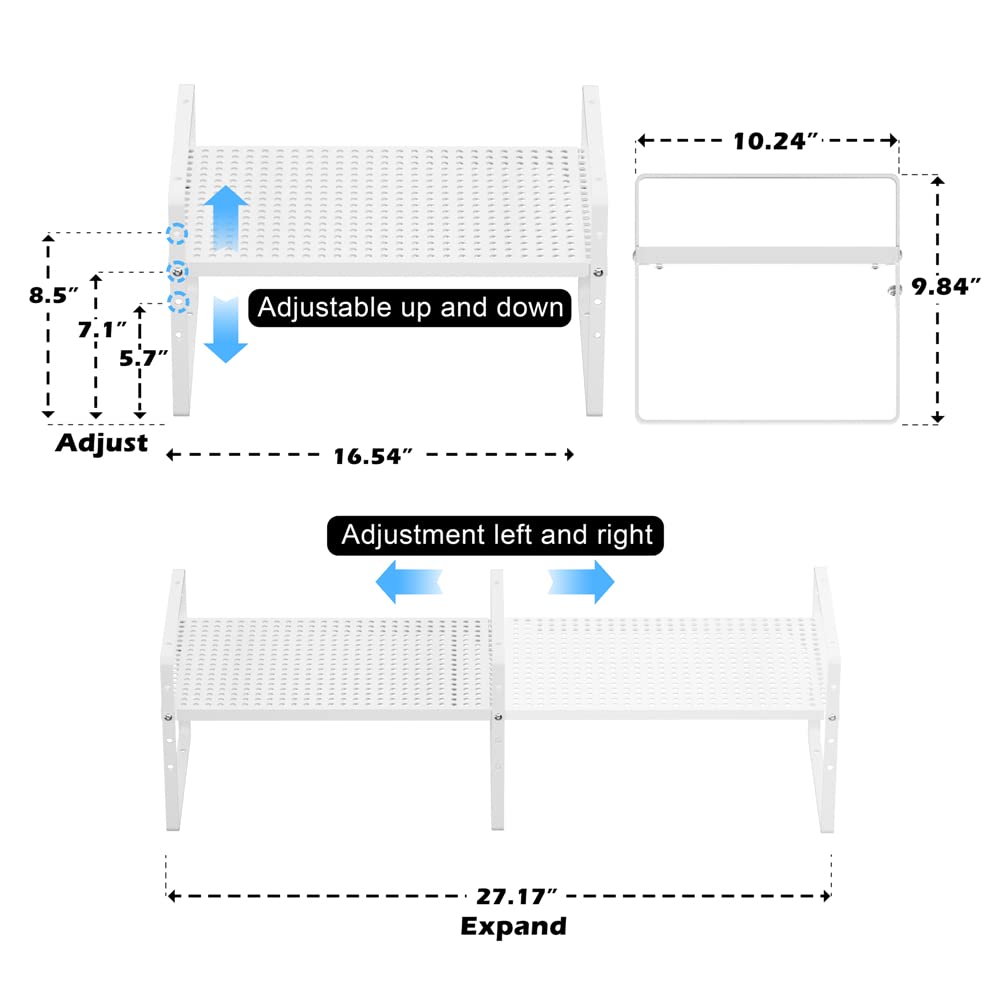 MIYUPTC Expandable Counter Organizer Shelf (16.5'' to 27.2''), Countertop Organizer Kitchen Bathroom Pantry Cupboard Home Office for Cups, Dishes, Plates -White