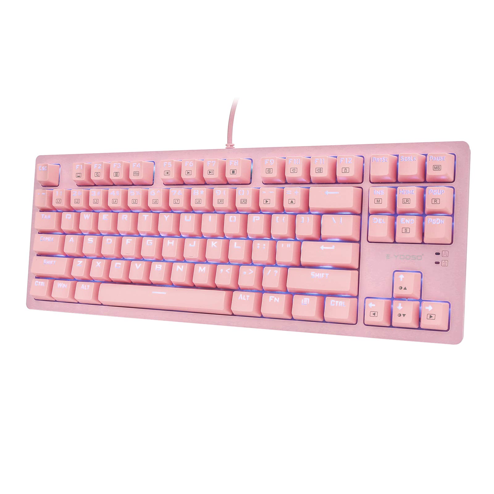 HUO JI E-Yooso K-620 Mechanical Gaming Keyboard, RGB Side Lit and LED Backlit with Blue Switches, Tenkeyless 87 Keys Anti-Ghosting for Mac, PC, Cute Pink