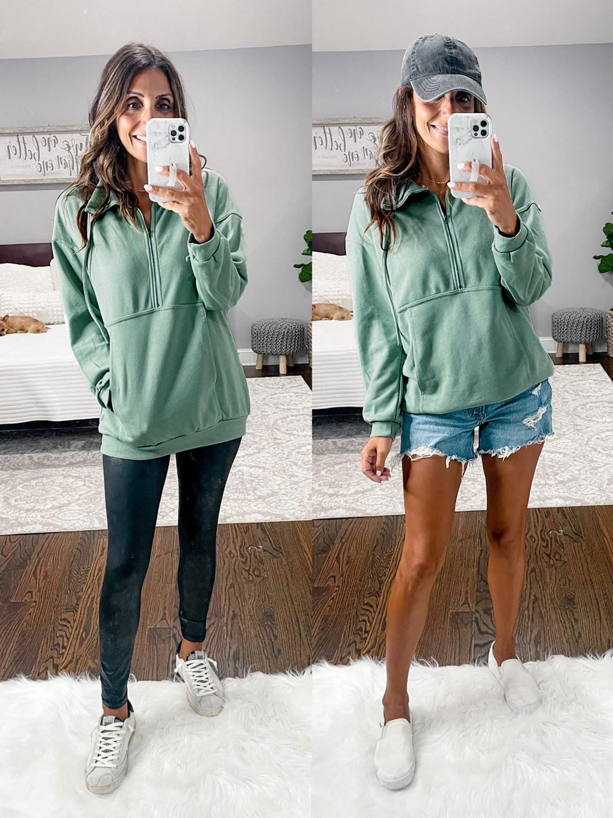 Ladmous Women's Casual Pockets Zip Up Pullover Tops Drop Shoulder Sweatshirts Loose Fit Green XL