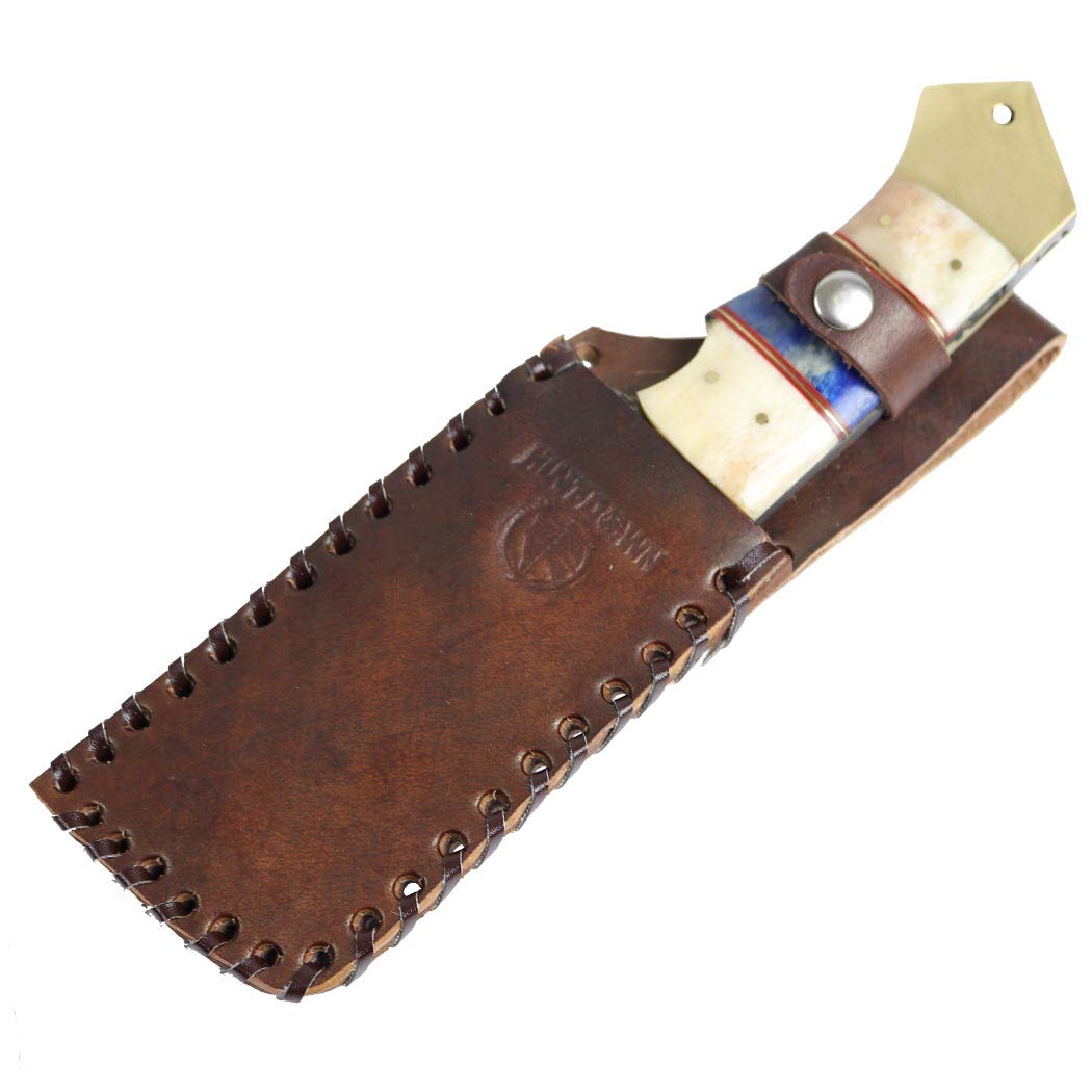 HUNT-DOWN TheBoneEdge 9.5" Full Tang Damascus Blade Bone Handle Cleaver Style Hunting Knife