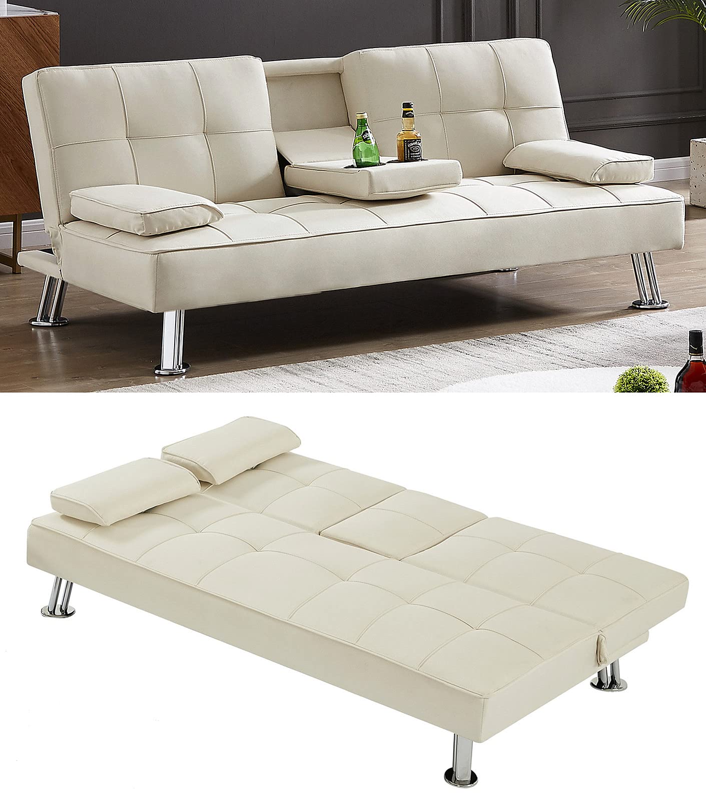 hansones Futon Sofa Bed Modern Linen Fabric Couch Bed Loveseat Convertible Daybed with 2 Cup Holders and Removable Armrests for for Compact Living Space Apartment Dorm Office (Beige)
