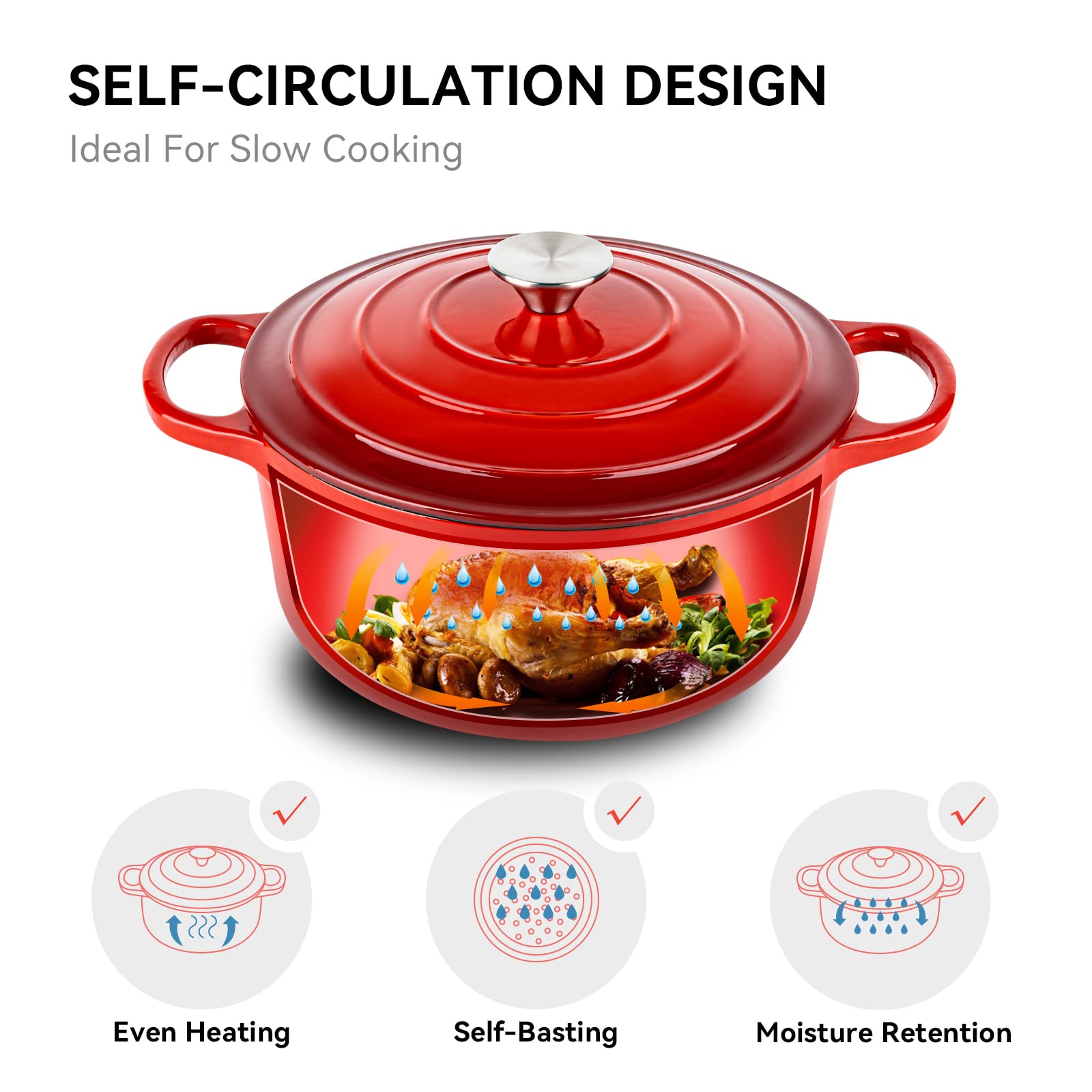 Miereirl 6 QT Enameled Dutch Oven Pot with Lid, Cast Iron Dutch Oven with Dual Handles for Bread Baking, Cooking, Non-stick Enamel Coated Cookware (Red)
