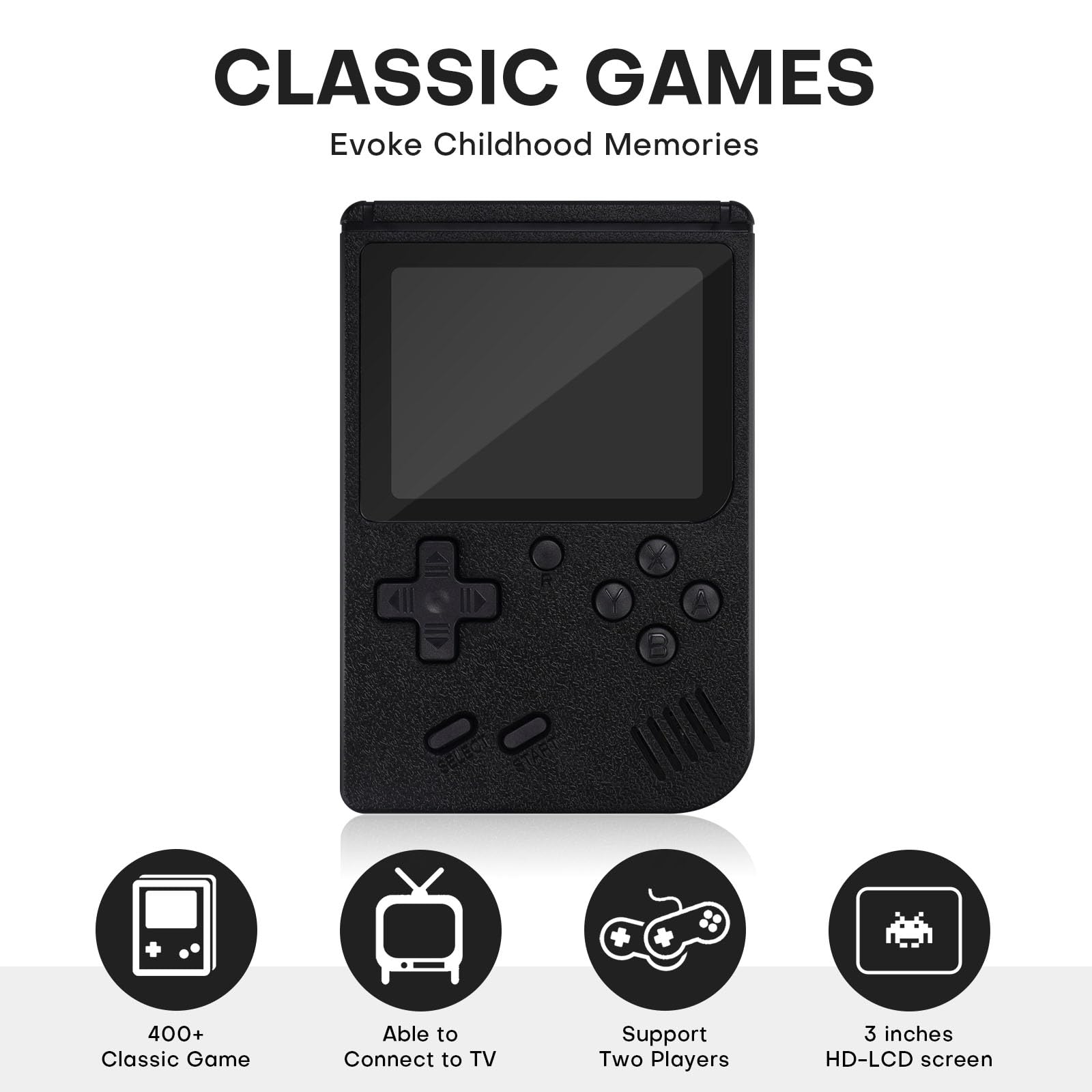 Handheld Game Console with Classical Retro Single and 2 Players, 3.0 Inch Gameboy Kids Screen Portable Retro Video Game Console Support TV Connection(400 Black Games)