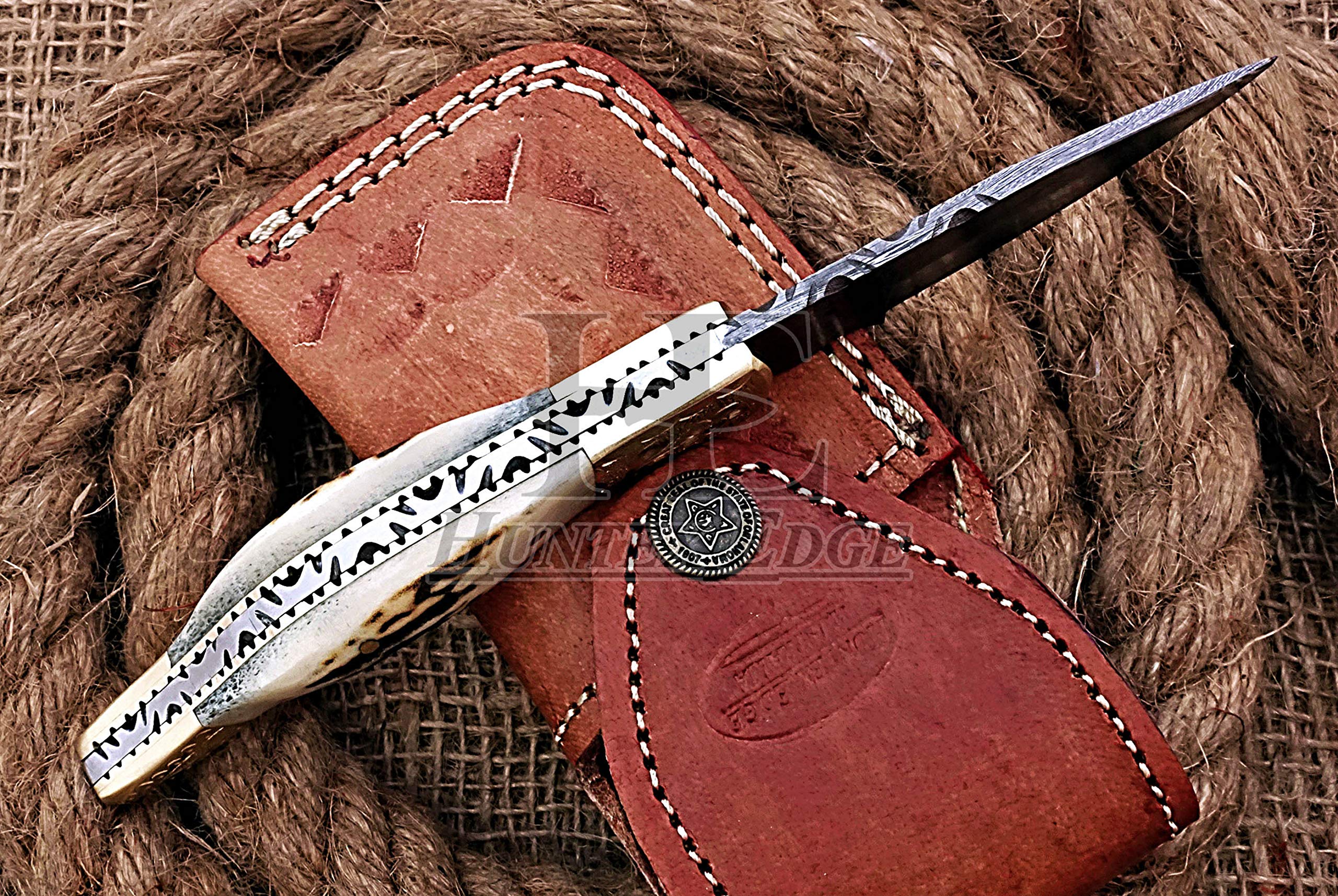 HUNTEX Custom Handmade Hand-Forged Twist Pattern Damascus Steel 3.7 Inch Long Natural Deer Antler Horn Handle Razor Sharp Hunting Camping Folding Pocket Knife with Genuine Leather Pouch