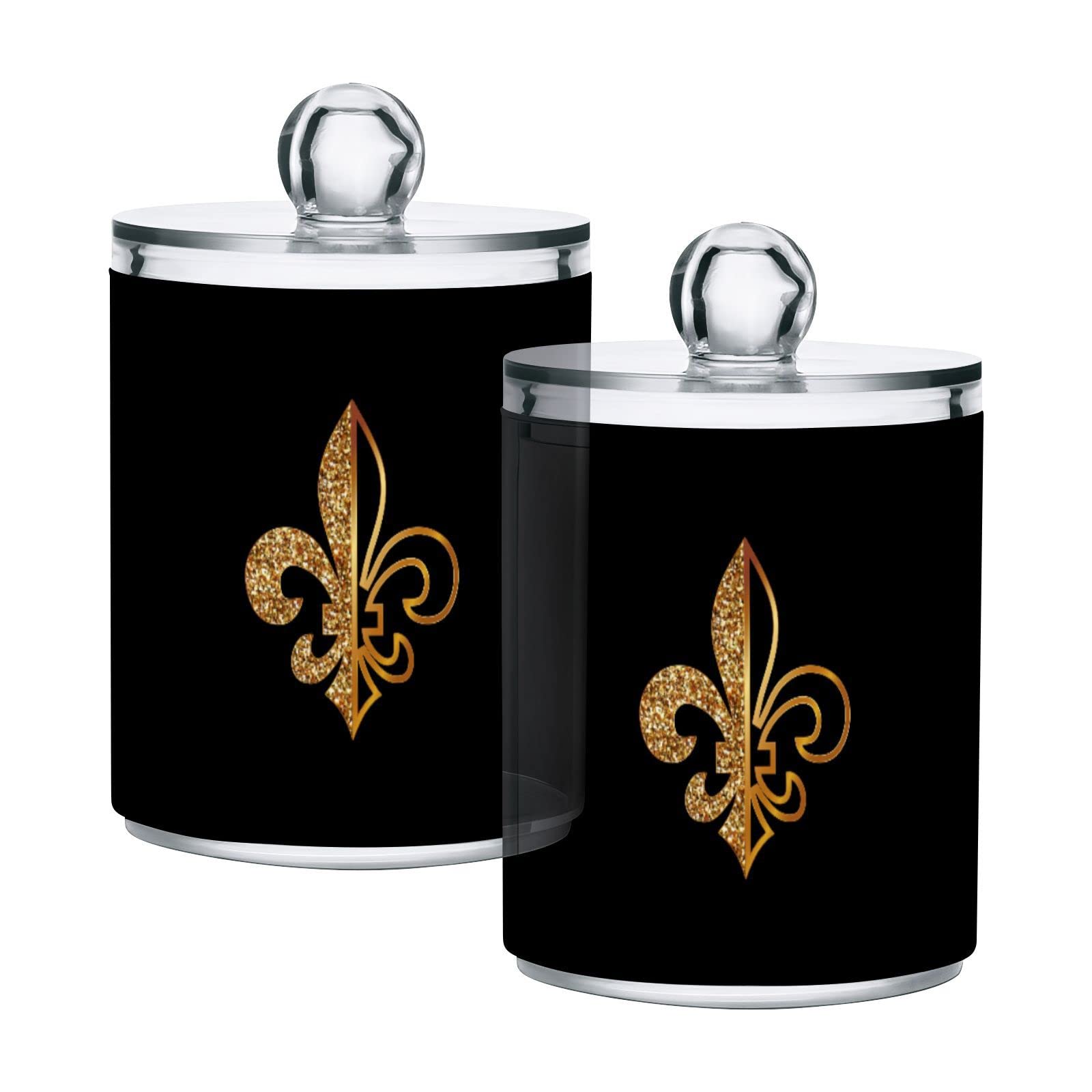 Quteprint 2 Pack Qtip Holder Dispenser, Gold Black Fleur De Lis Floral Clear Plastic Jar Bathroom Canister Storage for Cotton Swab, Cotton Ball, Floss Picks, Hair Clips, Makeup Sponges