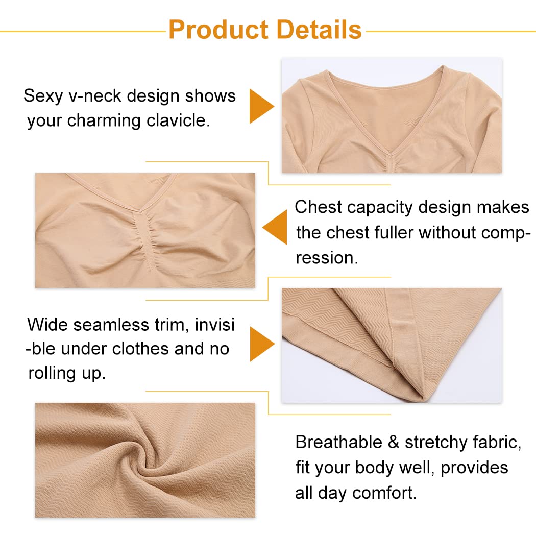 JOYSHAPER Womens V Neck Thermal Tops Long Sleeve Compression Shirts Shapewear Slimming Undershirts Base Layer Tops (Beige, X-Large)