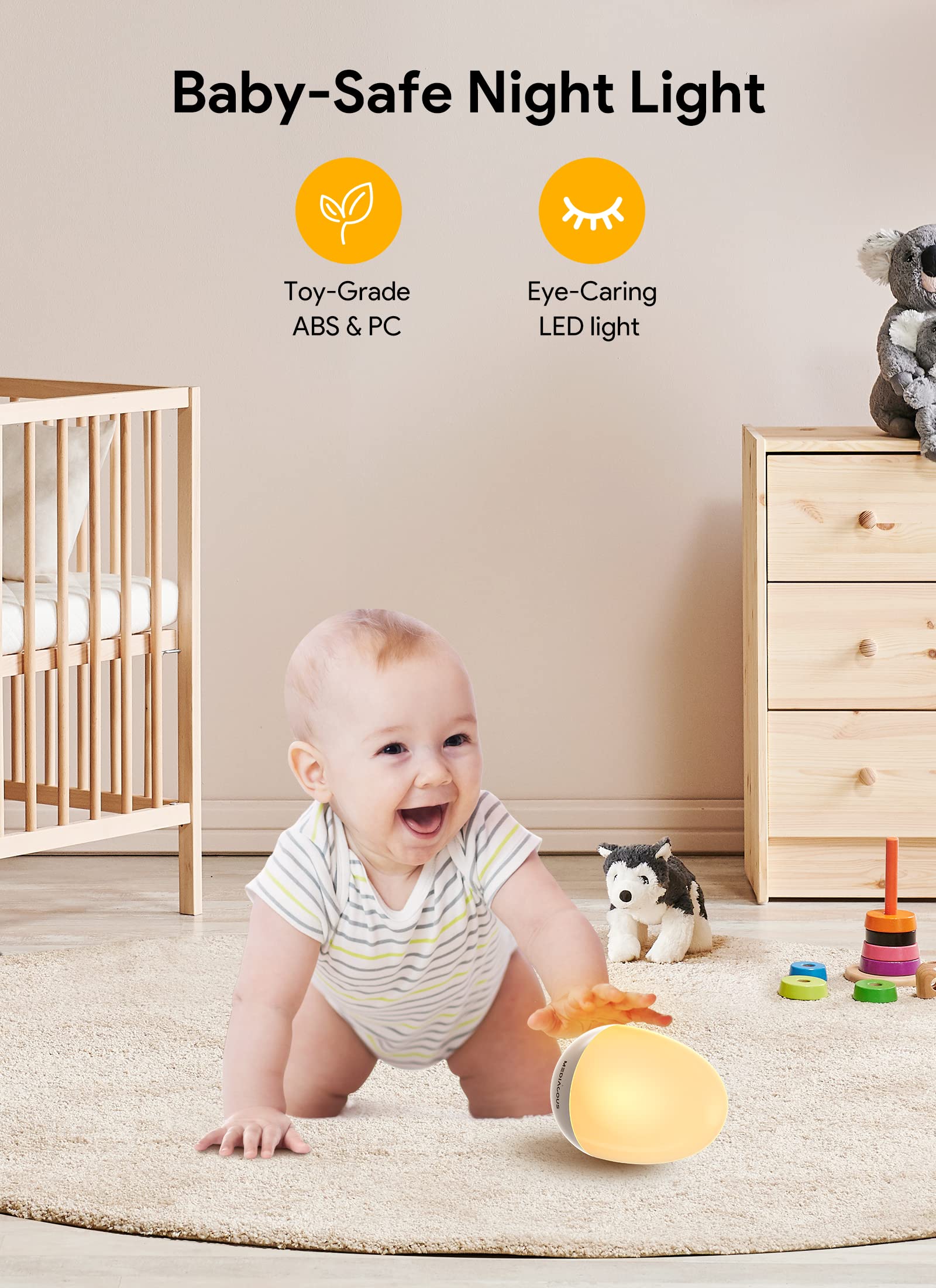 MediAcous Night Lights for Kids, Baby Night Light with Stable Charging Pad, Portable Night Light with Touch Control & 1H Timer, Stepless Dimming, ABS+PC Egg Night Light for Baby Nursery