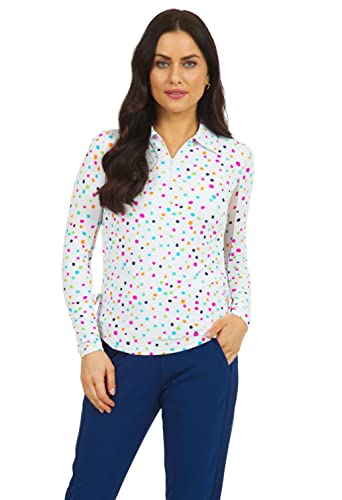 IBKUL Athleisure Wear Sun Protective UPF 50+ Icefil Cooling Tech Evelyn Print Adjustable Length Long Sleeve Polo - 48186 Blue/White Evelyn L