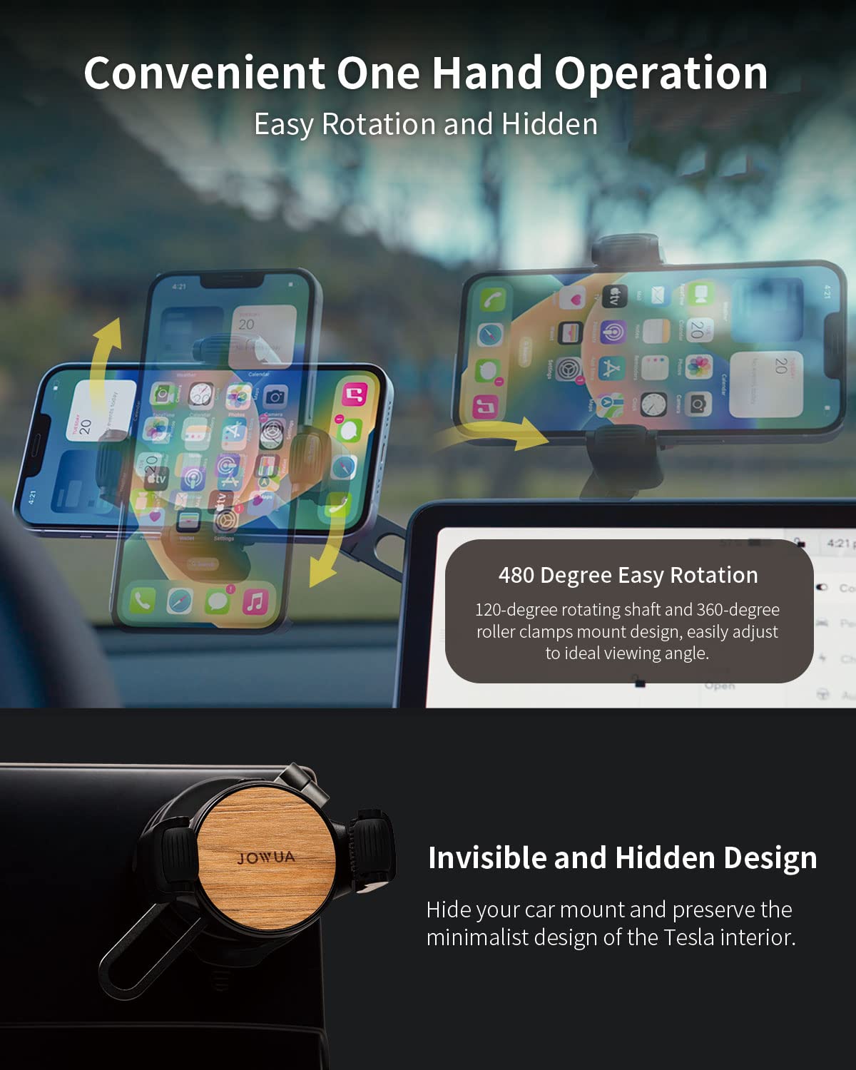 Jowua 6D Tesla Compatible Invisible Foldaway Car Mount (Universal Roller Mount) Compatible for Tesla Tesla Model 3/ Y, Model S/X Plaid (6D Suction Cup)