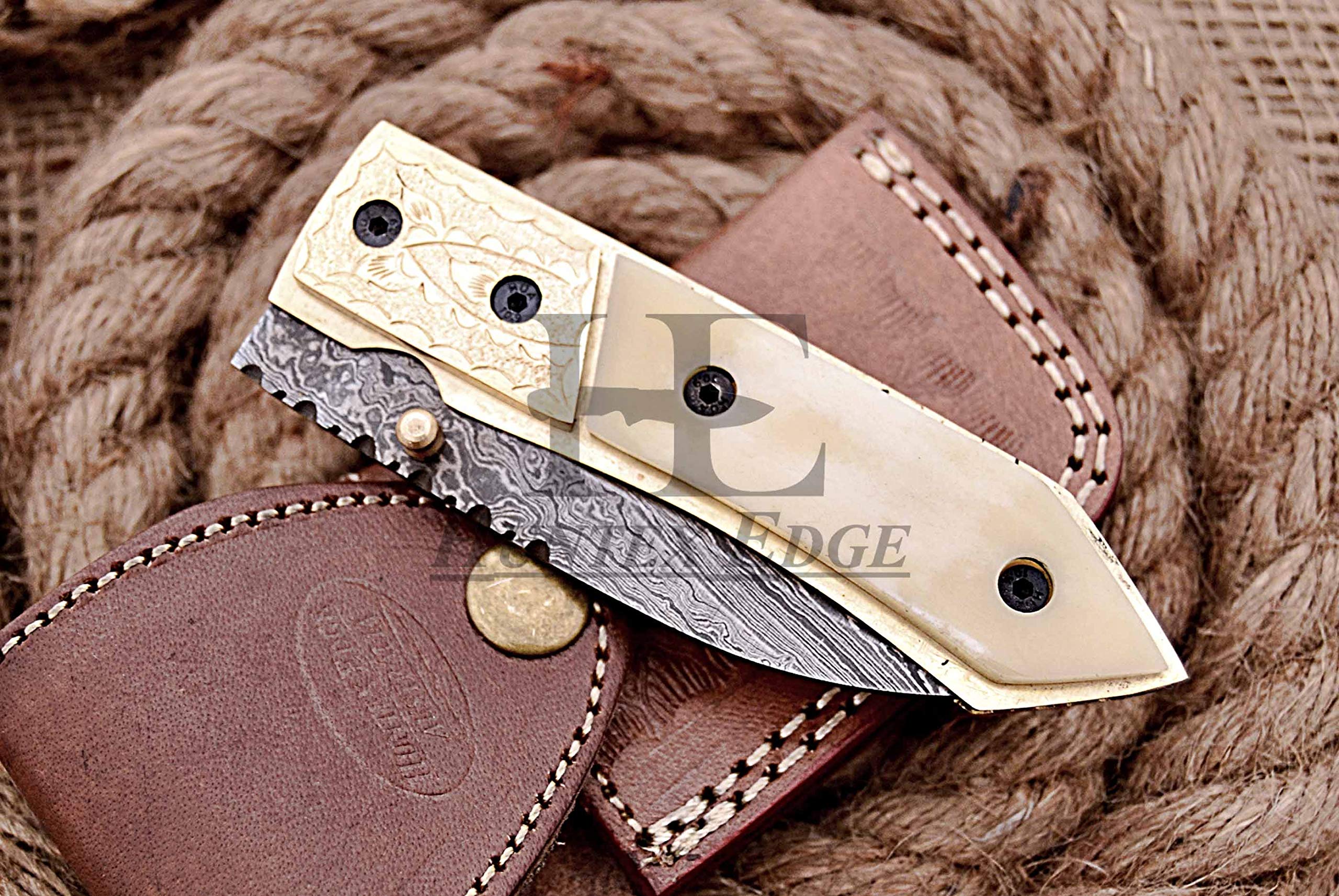 HUNTEX Custom Handmade Hand-Forged Twist Pattern Damascus Steel 4 Inch Long Natural Camel Bone Handle Razor Sharp Camp Hunting Folding Pocket Sheepsfoot Knife with Pocket Clip & Genuine Leather Pouch