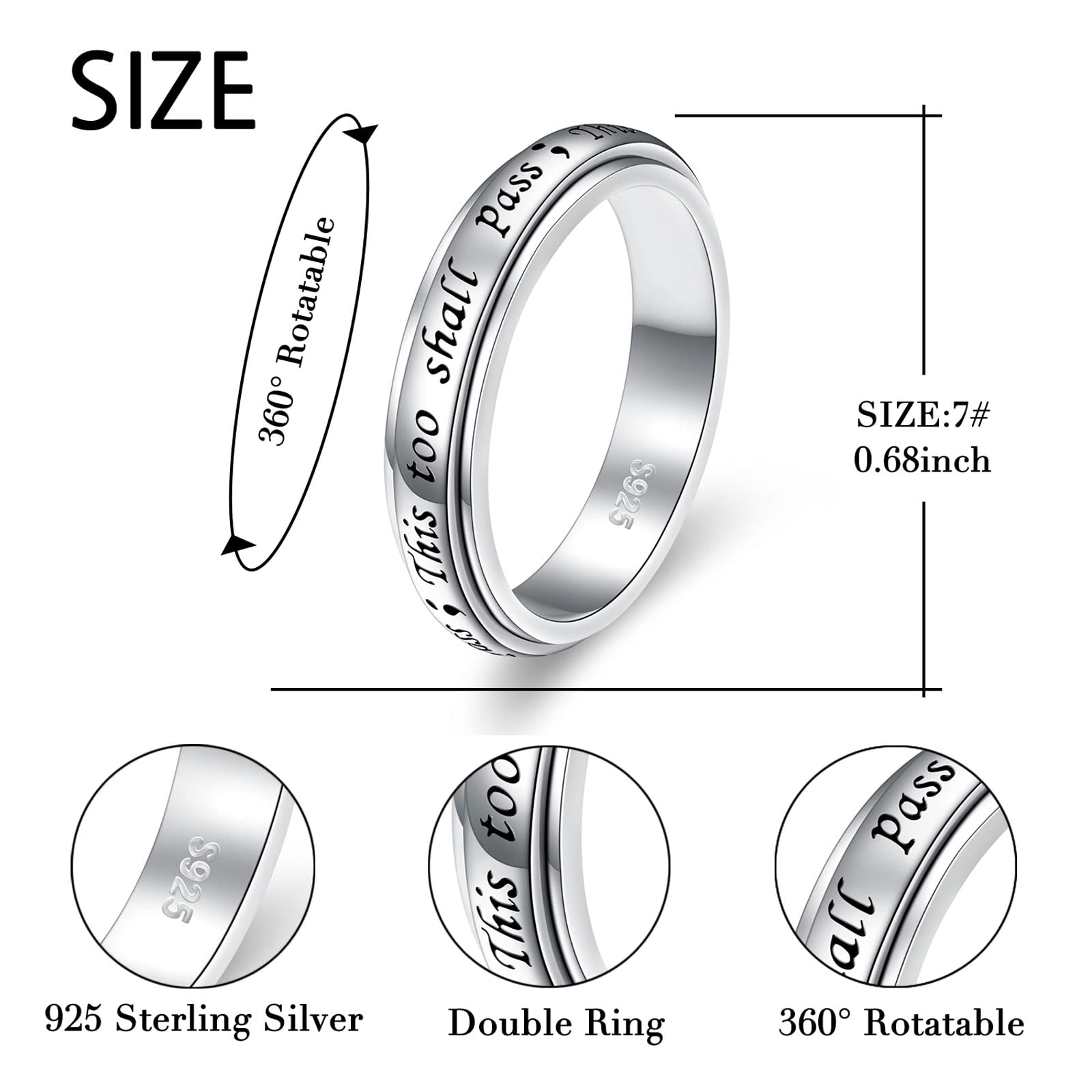 Ladytree Semicolon Anxiety Relieve Spinner Rings Sterling Silver This Too Shall Pass Fidget Ring ADHD Stress Relieving Ring Size 7