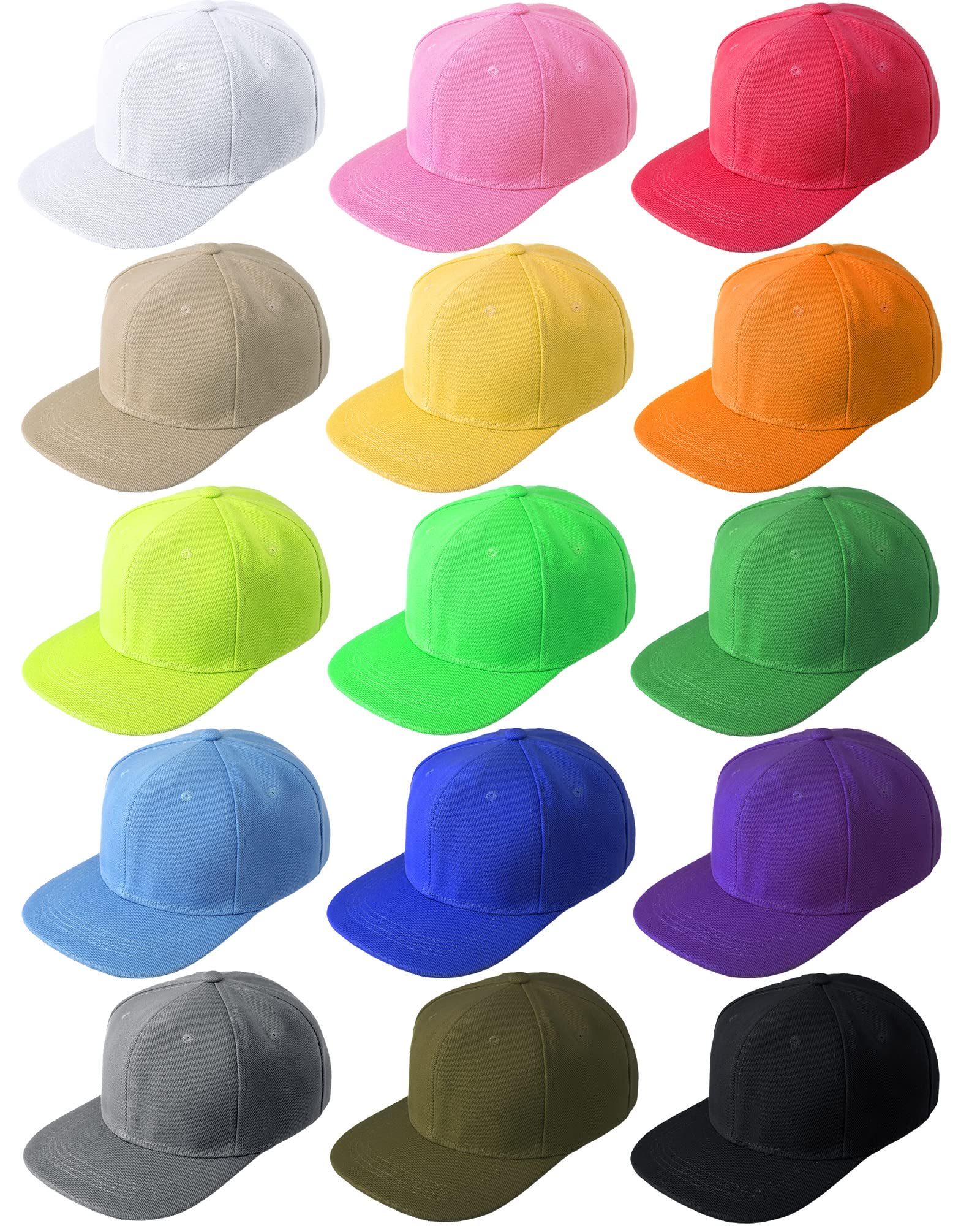 Jiuguva 15 Pieces Snapback Hat for Men Women Adjustable Fitted Flat Brim Hats Solid Color Flat Bill Hat Blank Hip Hop Caps for Baseball Team