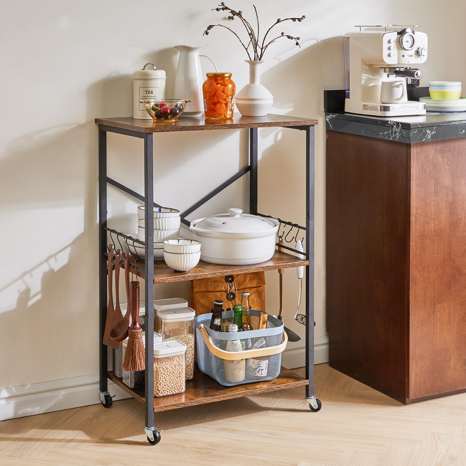 IBUYKE Kitchen Shelf, 3-Tier Microwave Oven Stand, Baker’s Rack with Metal Frame and 6 Hooks, Industrial Printer Stand, Utility Standing Storage Shelf for Coffee Bar, Simple Assembly, GL-TMJ022H