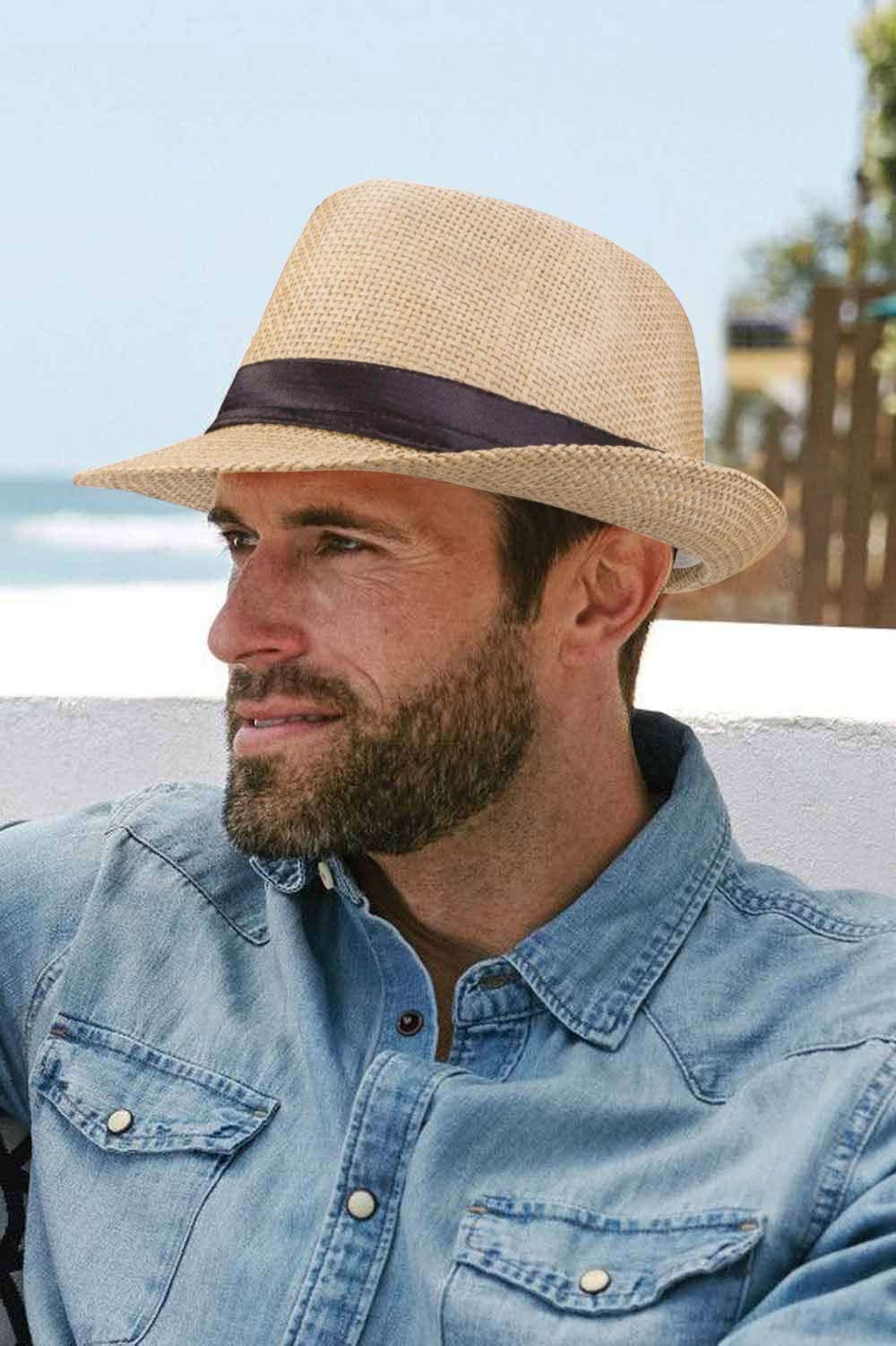 Mens Summer Straw Short Brim Fedora Panama Trilby Beach Sun Hat Khaki