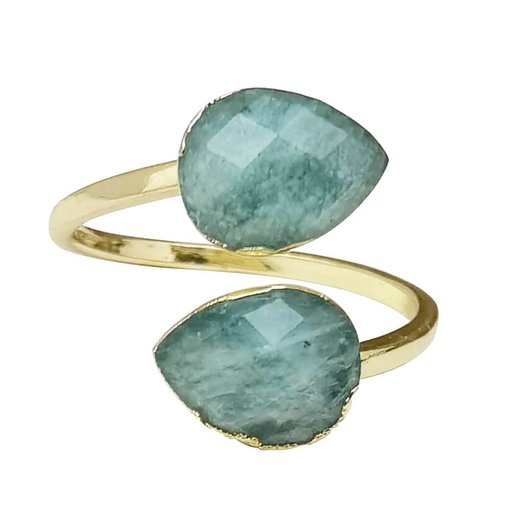 Ladywowu Amazonite Ring for Women, Double Gemstone Rings Gold, Natural blue Amazonite Ring Healing Crystal Teardrop Rings Spiritual, Adjustable Faceted Stone Rings