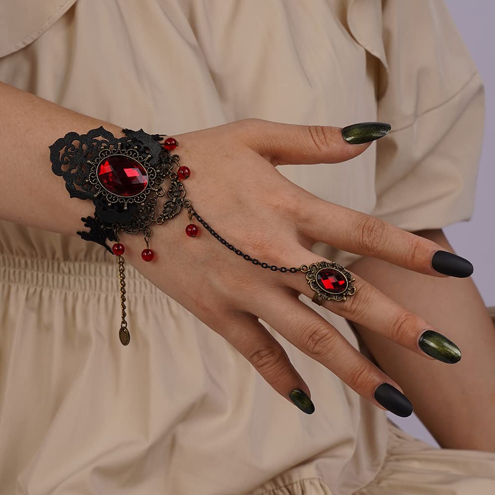 Kercisbeauty Black Lace with Ruby Red Rhinestones Bracelet Halloween Vampire Hand Harness with Finger Ring for Women Girls (Style 5)
