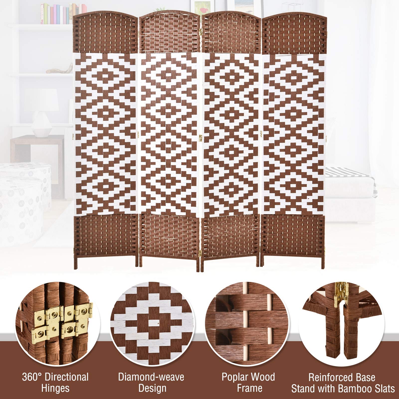 HOMCOM 6ft 4-Panel Diamond Weave Folding Room Divider with Freestanding Folding Screen & Stylish Wicker Material