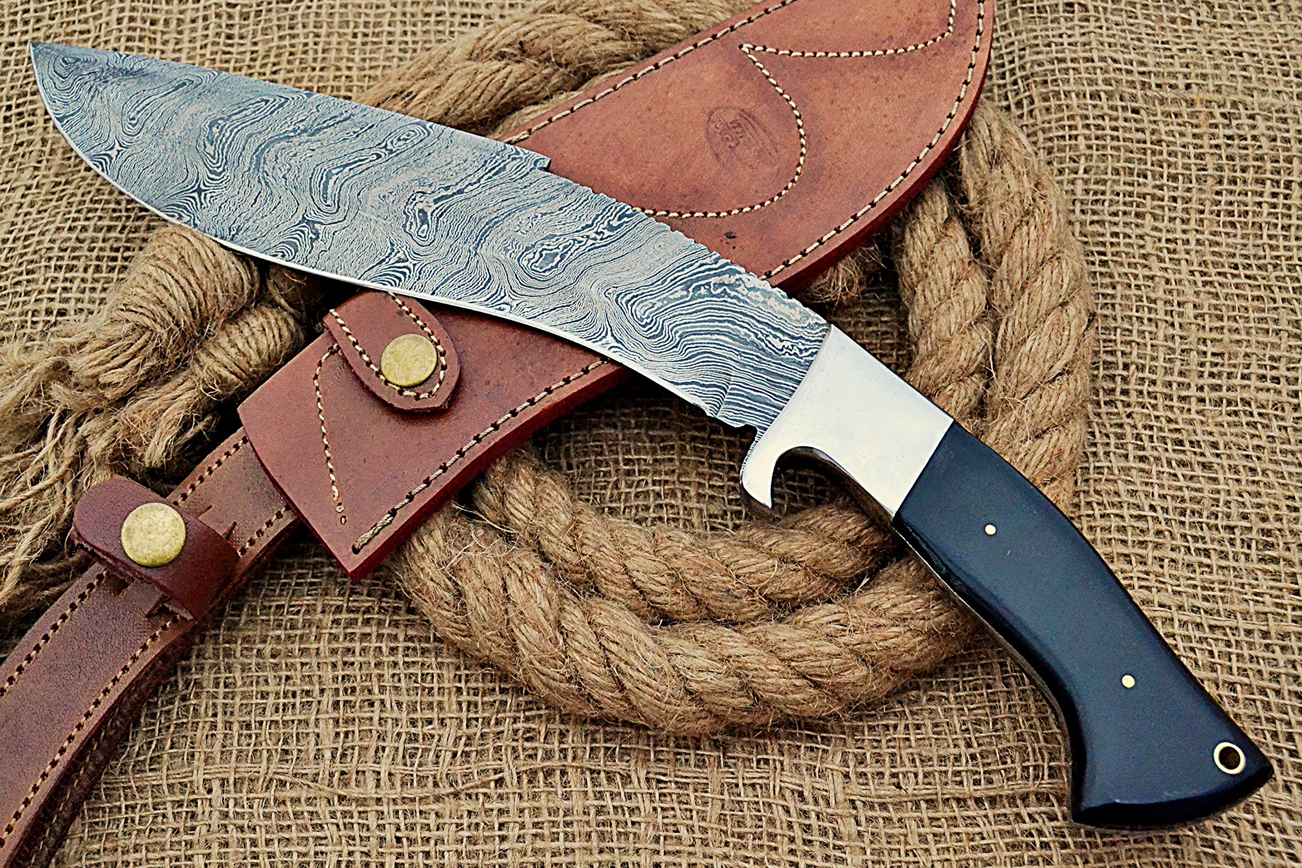 HUNTEX Handmade Hand-Forged Twist Pattern Damascus Steel 15 Inch Long Full Tang Natural Buffalo Horn Handle Razor Sharp Hunting Camping Kukri Knife w/Genuine Leather Sheath
