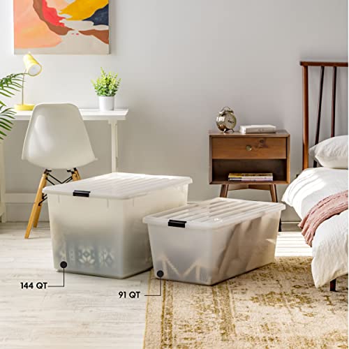 IRIS USA 132 Quart/36 Gal. Stackable Plastic Storage Bins with Lids and Latching Buckles, 3 Pack - Pearl, Containers with Lids, Durable Nestable Closet, Garage, Totes, Tubs Boxes Organizing