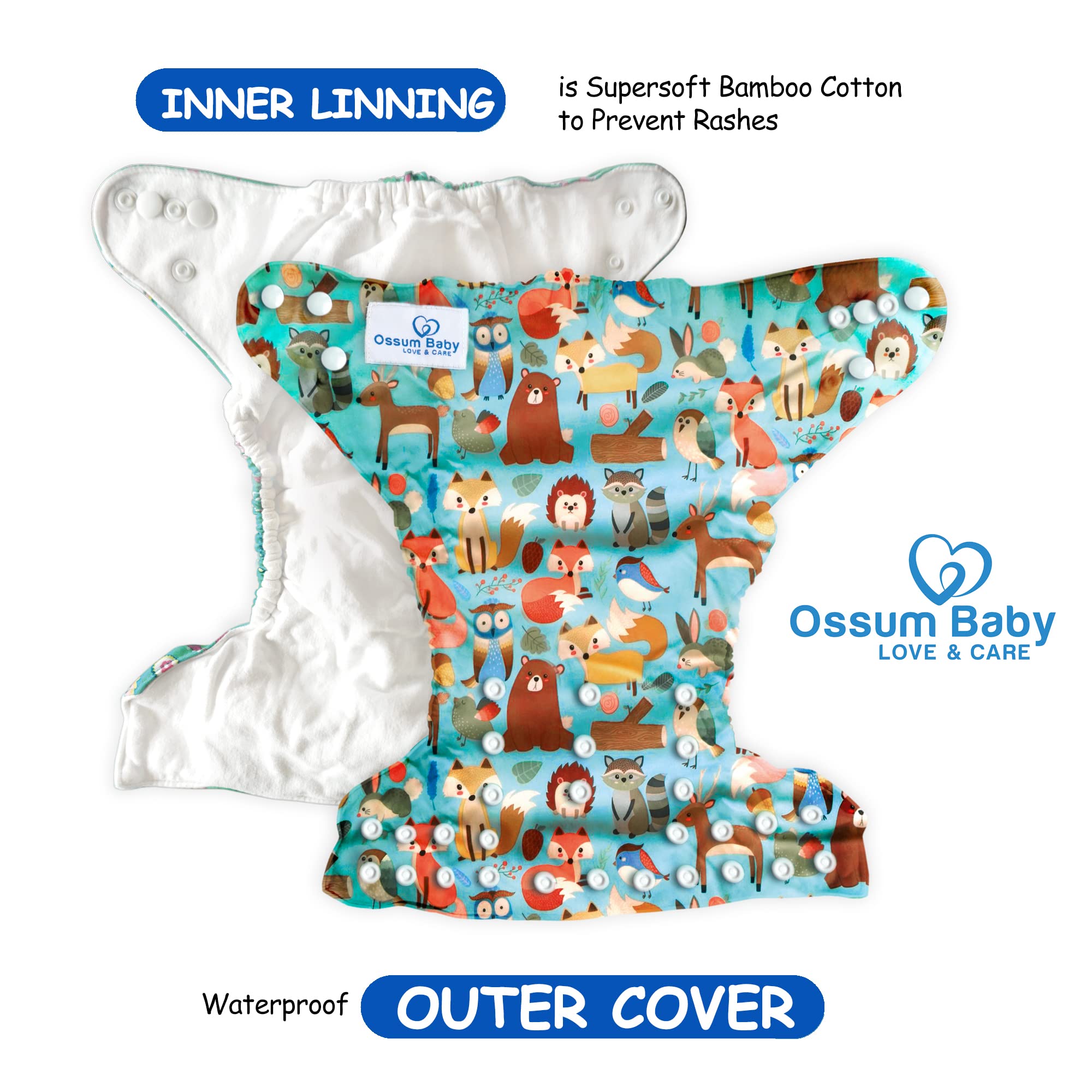 Ossum Baby Premium Cloth Diapers (New) - 6 Diaper Covers + 6 Bamboo Cotton Inserts (Super Soft & Absorbent) + Wetbag (B01), 0-24 Month, BG1