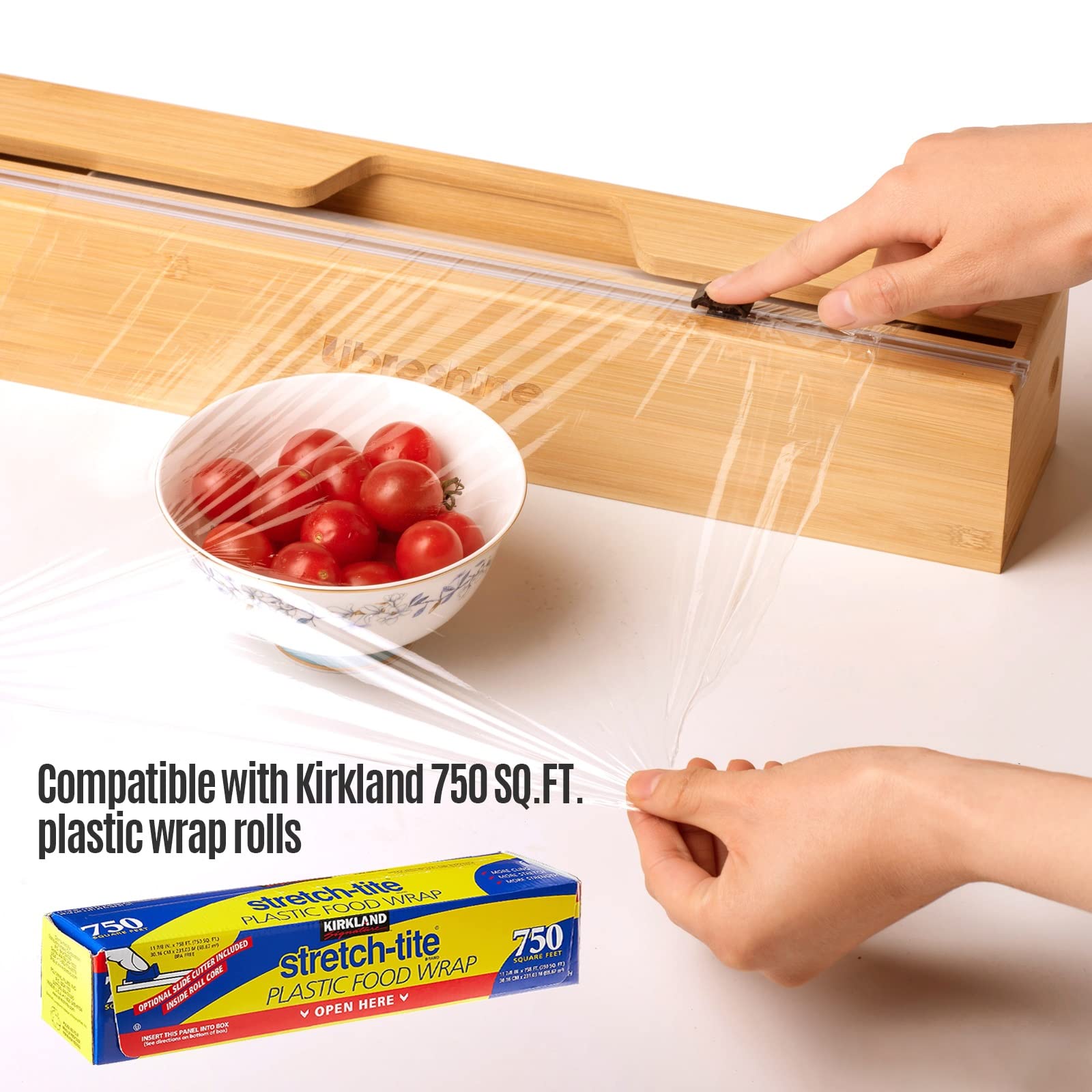 Libreshine Long Foil and Plastic Wrap Organizer with Cutter, Holder for 15 Inch Parchment Paper Roll, Bamboo Wall Mount Kitchen Wrap Dispenser
