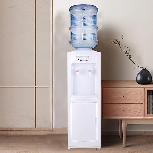Hot & Cold Water Dispenser,Water Cooler Dispenser 5 Gallon Top-Loading Water Coolers with Child Safety Lock Removable Drip Tray & Storage Cabinet for Home Office (White)