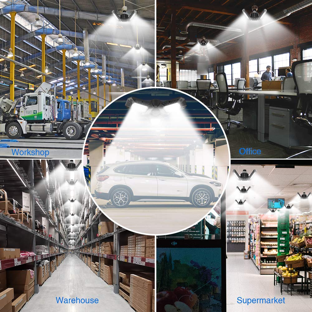 huolaihuowang LED Garage Lights, 80W 270° Deformable Garage Ceiling Light 8000LM 6000K E26 Basement Lights with 3 Adjustable LED Panels Fits for Garage, Warehouse, Barn, Workshop and Yard…