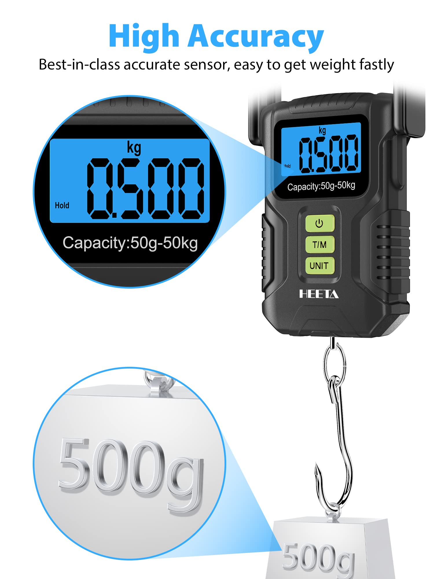 HEETA Waterproof Fishing Scale, Digital Fish Scale 110lb/50kg with Memory Function, Portable Hanging Luggage Scale with Fluorescent Button, 40β Ruler, Backlit LCD Display- Weight Scale, Black