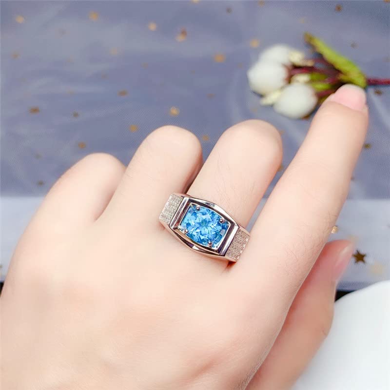Men Ring Real 925 Sterling Silver 8MM Natural Blue Topaz Ring Fine Jewelry for Men Birthday Anniversary Party Gift ping