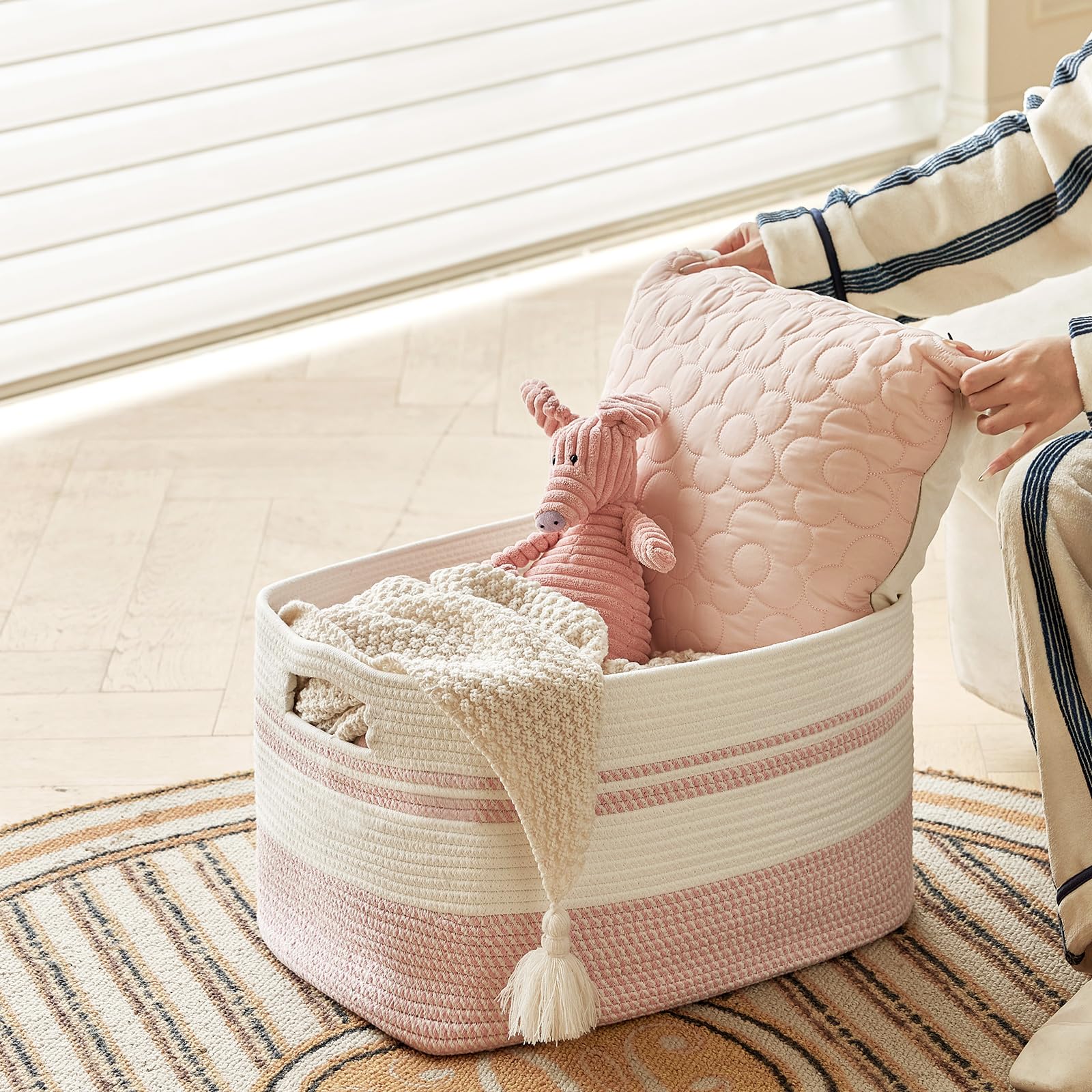R RUNKA Large Rectangular Cotton Rope Storage Basket - 82L- Ideal for Toy Storage, Blankets, Laundry, Woven Organizer for Living Room, Bedroom - 22"x17"x12"(White & Pink)