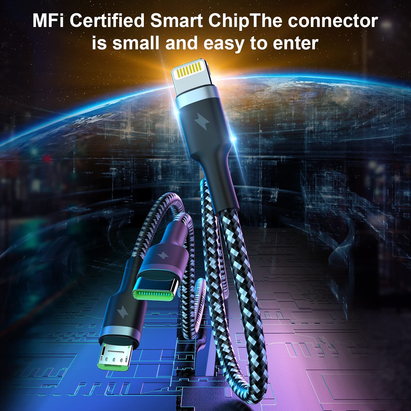 MTAKYI 100W USB C Multi Fast Charging Cable 6FT 6A PD 66W 2-in-3 Universal Quick Charging Cable, Multi Charger Cable with MFI iPhone/Type C/Micro Connectors Fast Sync Charger Adapter for Laptop/Phone