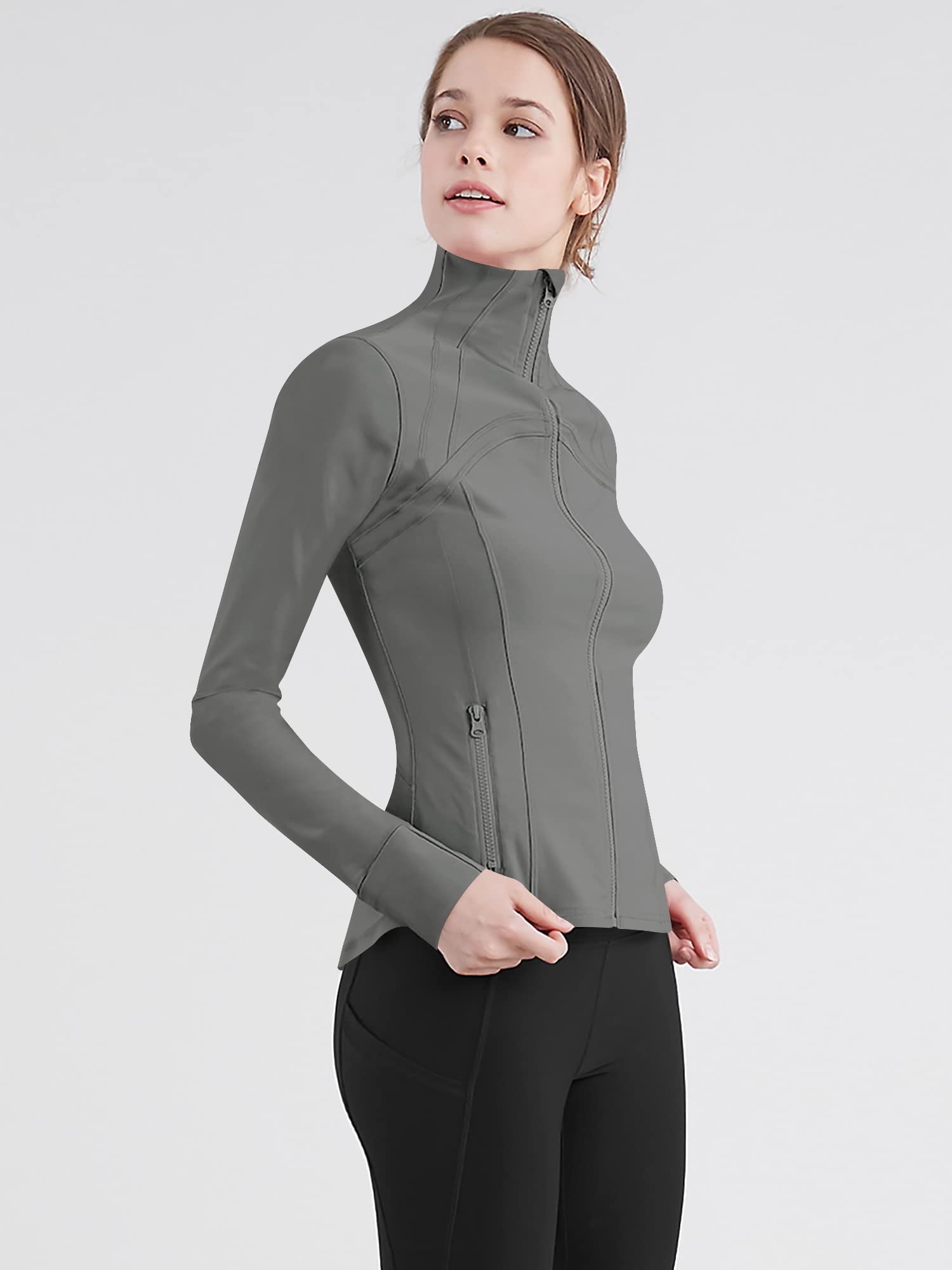 Lock and Love LL WJC3024 Women's Running Shirt Full Zip Workout Track Jacket with Thumb Holes L BLACK