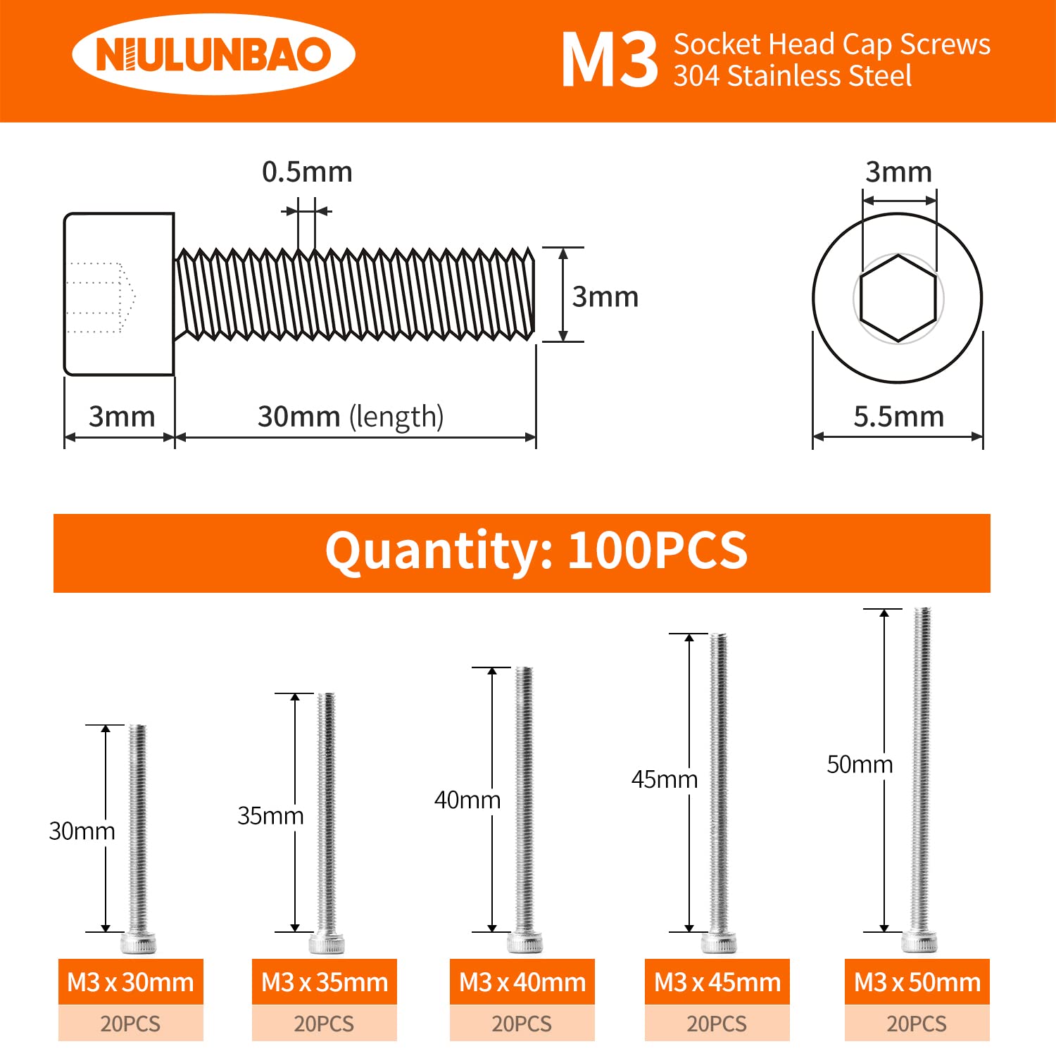 NIULUNBAO M3 x 30mm 35mm 40mm 45mm 50mm Hex Socket Head Cap Screws Bolts, 304 Stainless Steel, Metric Machine Fully Threaded, Bright Finish, Allen Hex Drive, Assortment Kit 100PCS