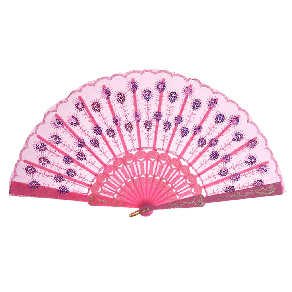 Kavolet Chinese Style Dance Wedding Party Lace Silk Folding Hand Held Flower Fan Party Performance Hand (Color : Red)