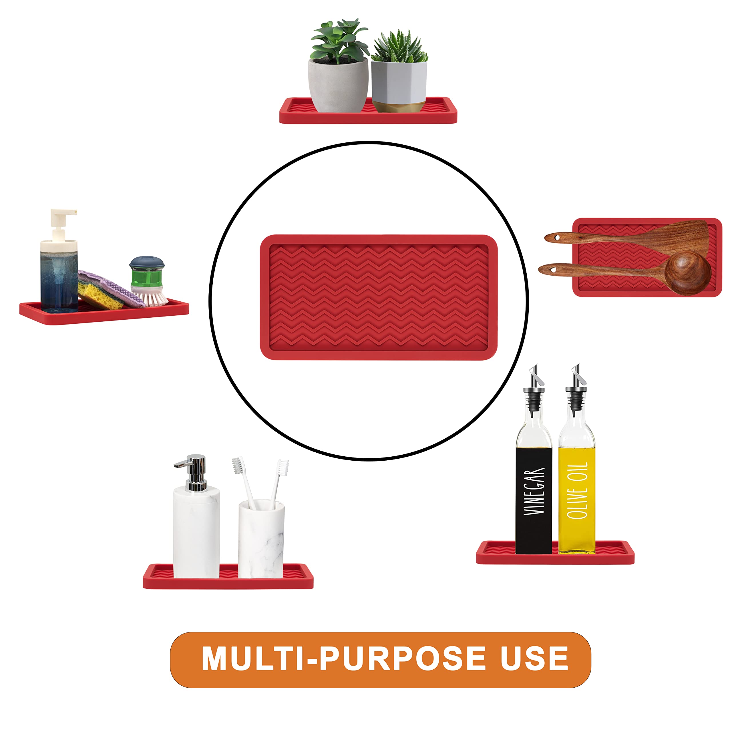 HomeBee Silicone Kitchen Bath Vanity Organizer Tray, Non-Slip Multipurpose Sink Caddy | Dish Sponge, Brush, Soap Dispenser Bottle Holder | Dishwasher Safe Rubber Counter Mat (10 x 5.25 Inch β Red)