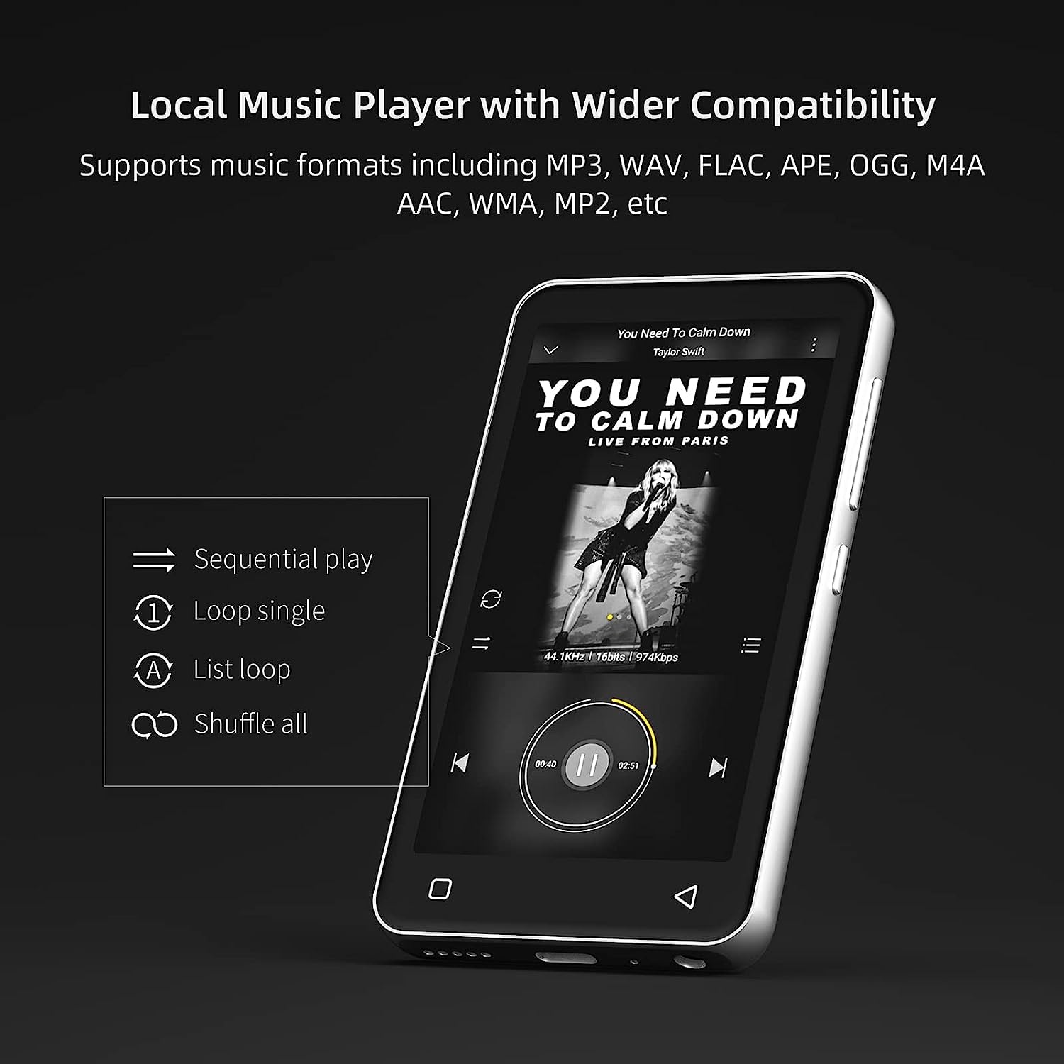 innioasis 16GB MP3 Player with Bluetooth and WiFi, Spotify, Pandora, Amazon Music, Audible, 4" Touch Screen Android Streaming MP3 MP4 Player (Silver)