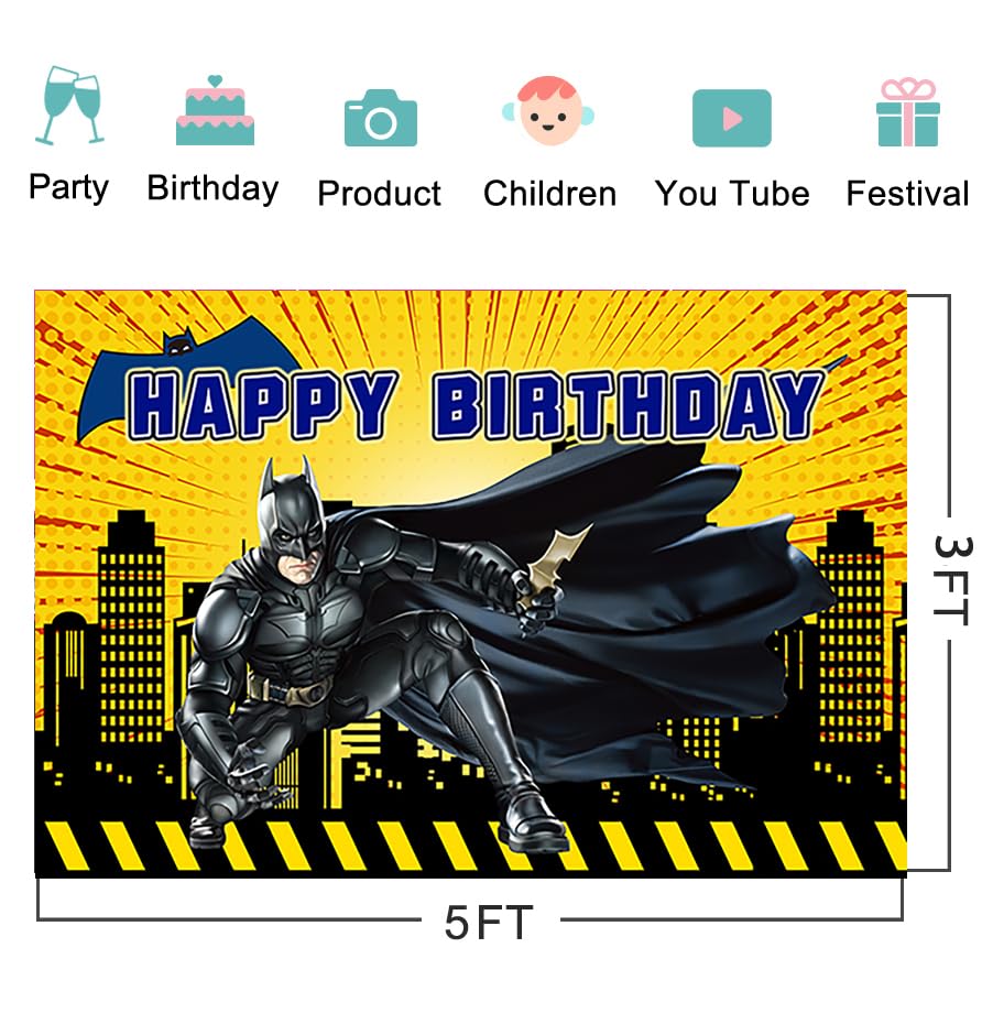 Hero Backdrop for Birthday Party Decorations Yellow Background for Party Cake Table Decorations Superhero Black Theme Banner 5x3ft
