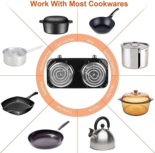 Hot Plate, 2000W Portable Electric Double Coil Burner with Dual Control & 5 Level Temperature Control, Easy to Clean, Lightweight Stainless Steel Countertop Stove for Kitchen Dorm Camping,110V