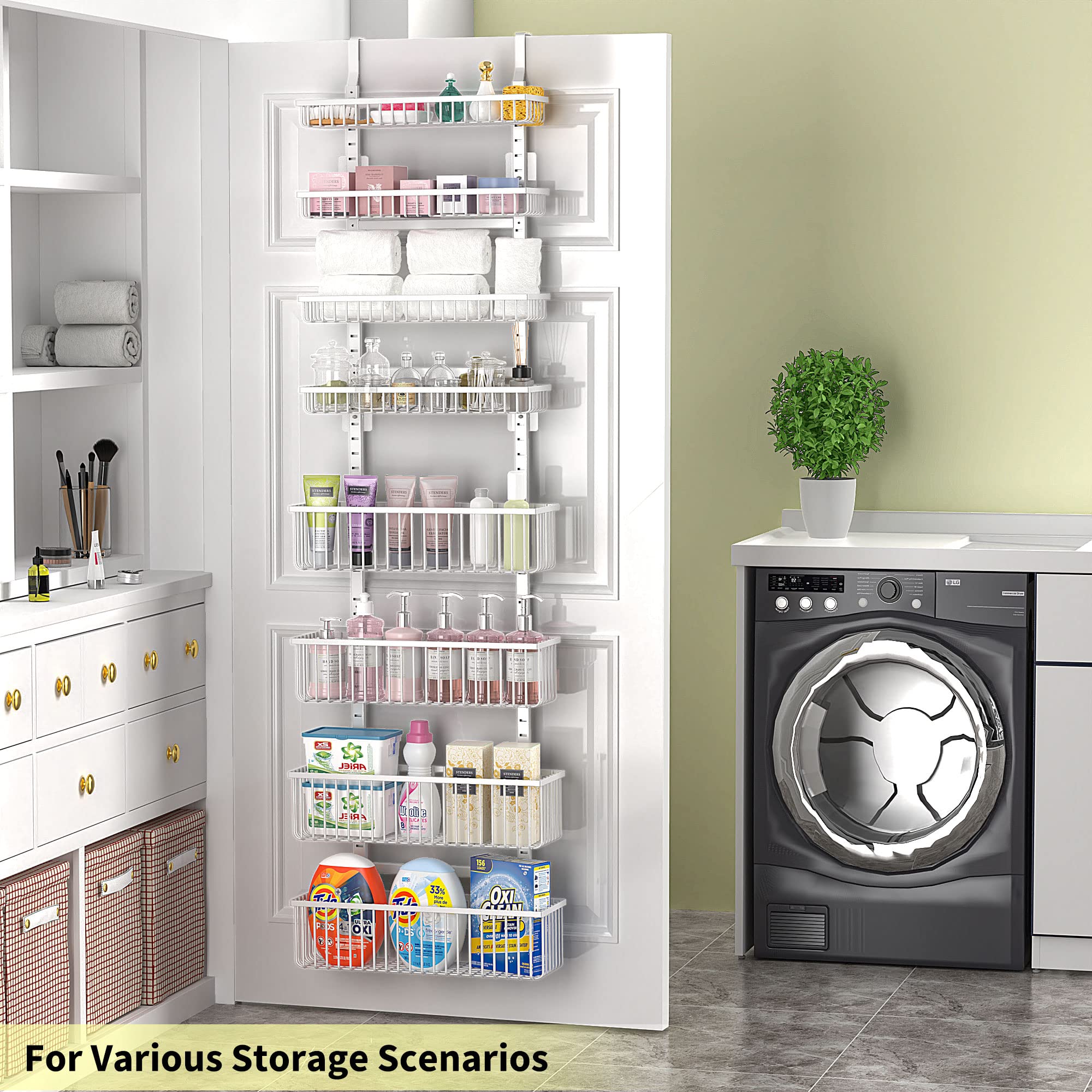 Moforoco Over The Door Pantry Organizer, Pantry Door Organizer Shelves, Kitchen Organizers and Storage, Hanging Basket Wall Spice Rack Seasoning Shelves, Laundry Room Bathroom accessories(White
