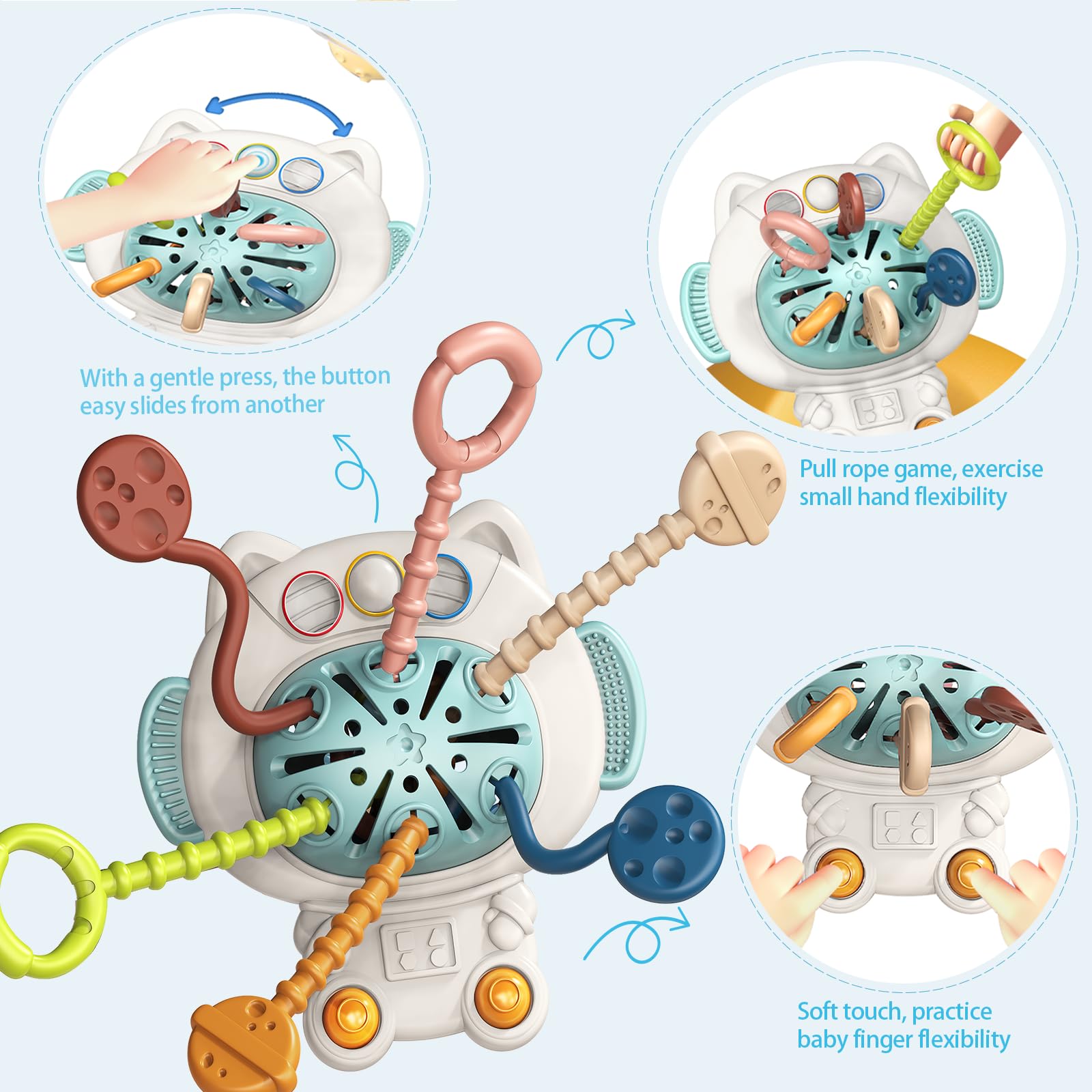Montessori Pull String Toys for Baby, Silicone Sensory Toys with Food Grade Pull String Activity - Travel Toys, Teething Strings for 1 Year Old Toddler, Early Development Birthday Toy for Babies
