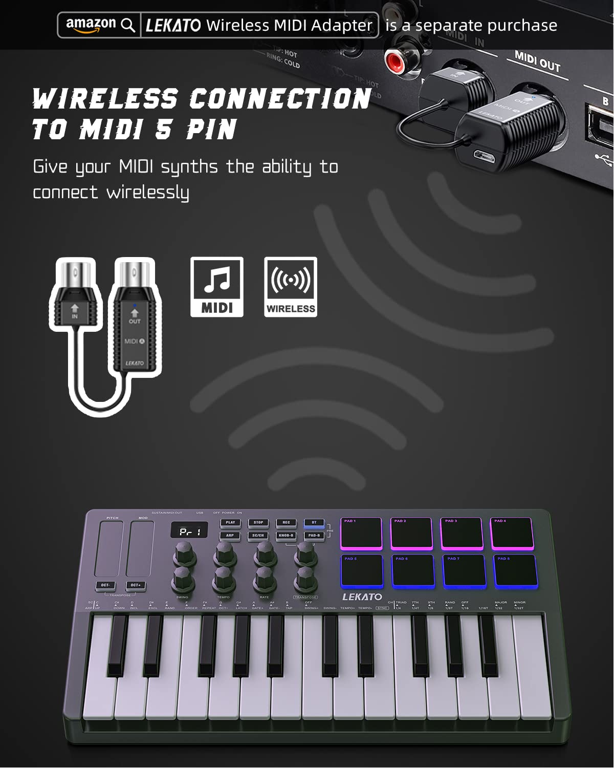 LEKATO 25 Key USB MIDI Keyboard Controller With 8 Backlit Drum Pads, Bluetooth Semi Weighted Dynamic Keybed 8 Knobs and Music Production, Smart Scales, Chords, Software Included