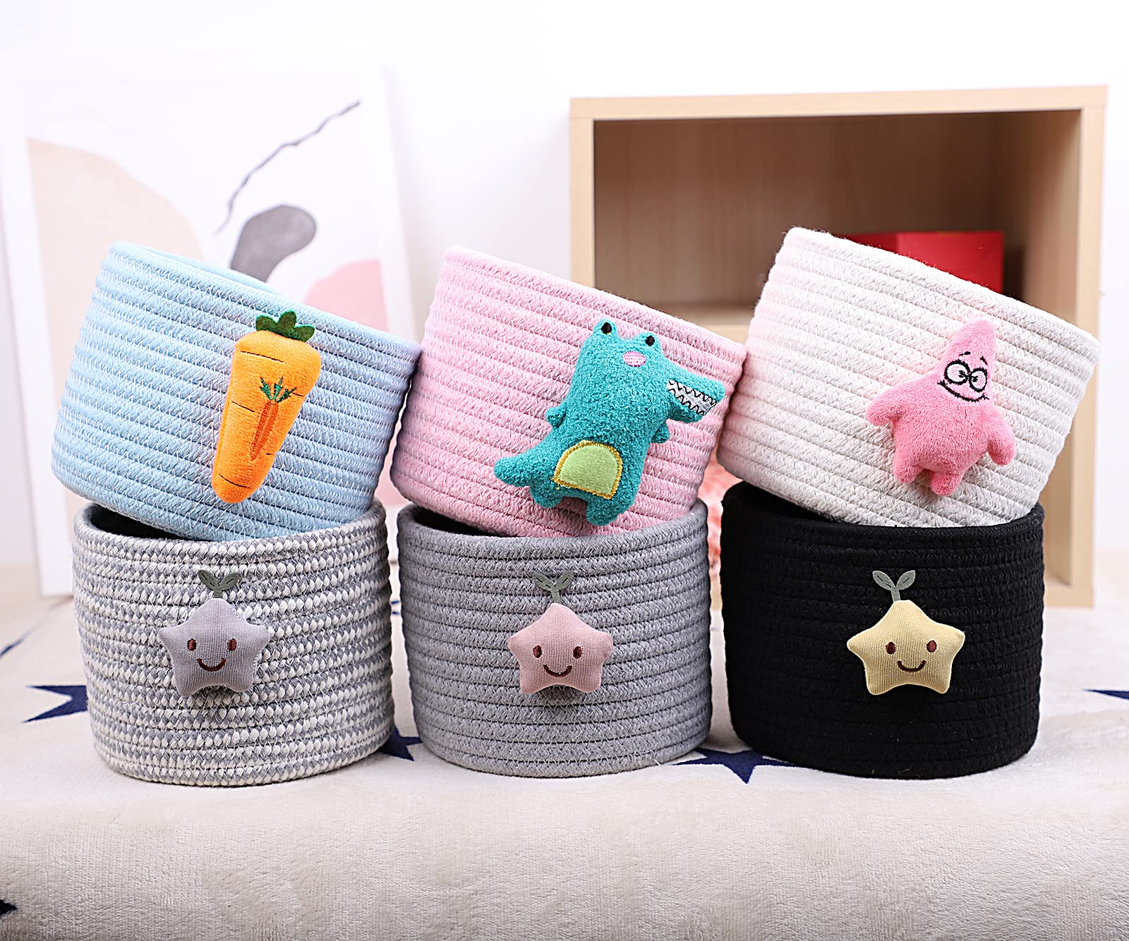 Lovelyduo 3 Pack Baby Boy Gifts Baskets Small Cute Woven Storage Basket for Shelves Mini Organizing Baskets Desk Bedside Table Organizer Bins Cotton Rope Makeup Holder