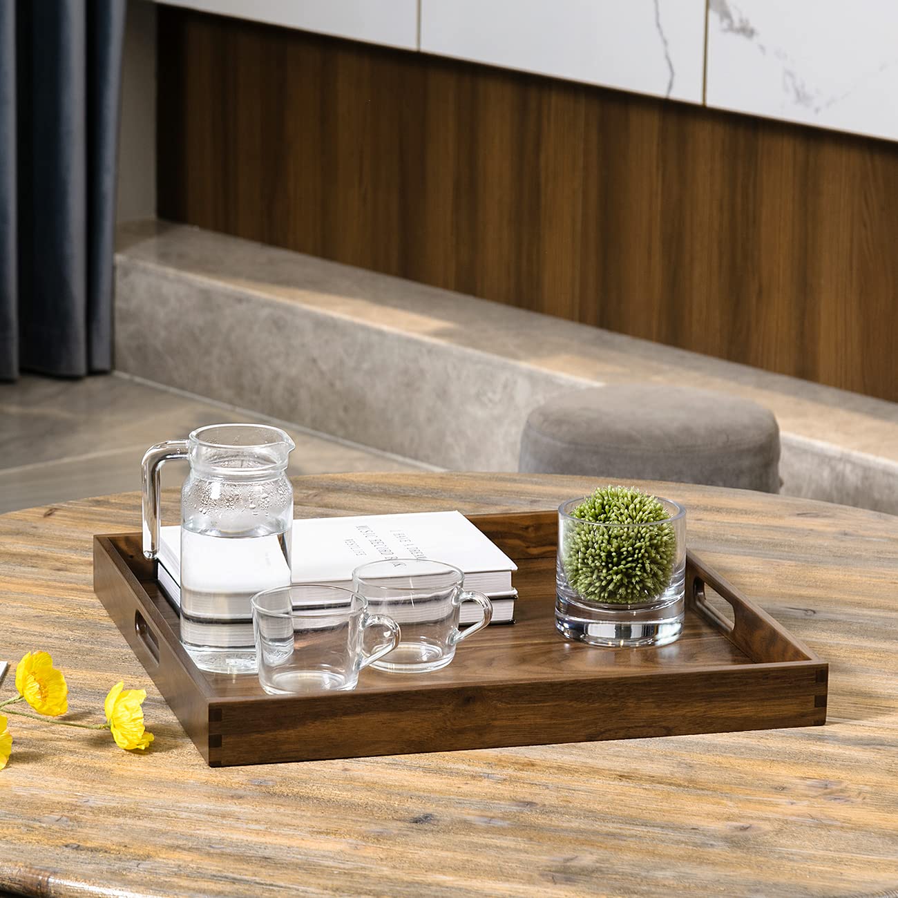 KINGCRAFT 19 x 19 Inches Black Walnut Large Ottoman Tray Wooden Table Tray Square Solid Serving Tray with Handles Platter Decorative Tray for Oversized Ottoman Home Breakfast in Bed Tea Coffee