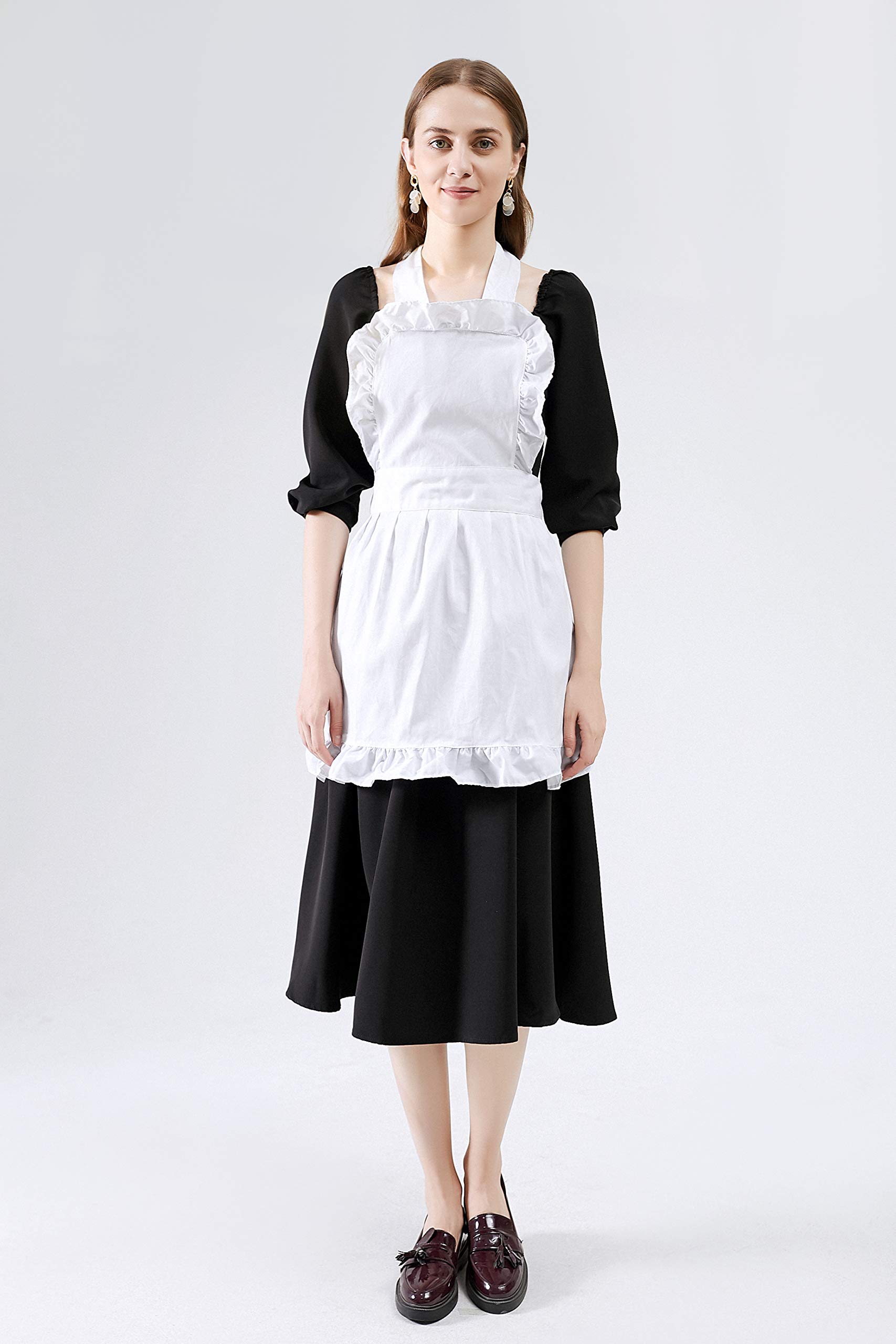 LilMents Women's Ruffle Outline Retro Apron Kitchen Cake Baking Cooking Cleaning Maid Costume (White)