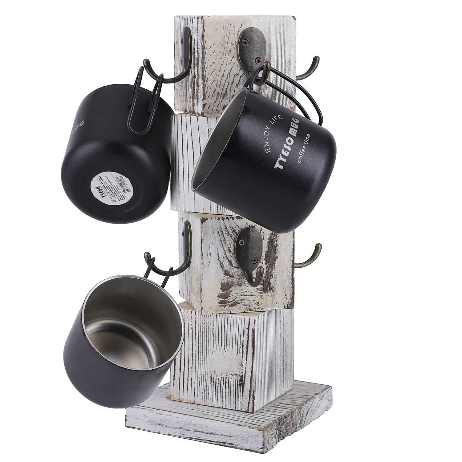 LIERONE 8 Hooks Coffee Mug Holder for Counter Rustic Solid Wood Mug Tree Farmhouse Wooden Coffee Cup Rack Distressed Mug Stand (White)