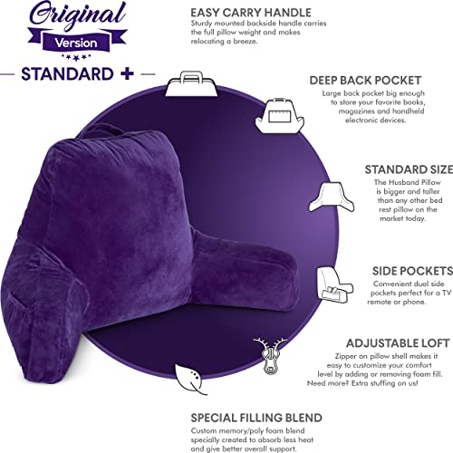 Husband Pillow Combo - Backrest Pillow with Arms : Standard Purple & Lap Desk Bed Tray : Grey - Memory Foam Reading Pillows for Bed & Laptop Bed Tray Table