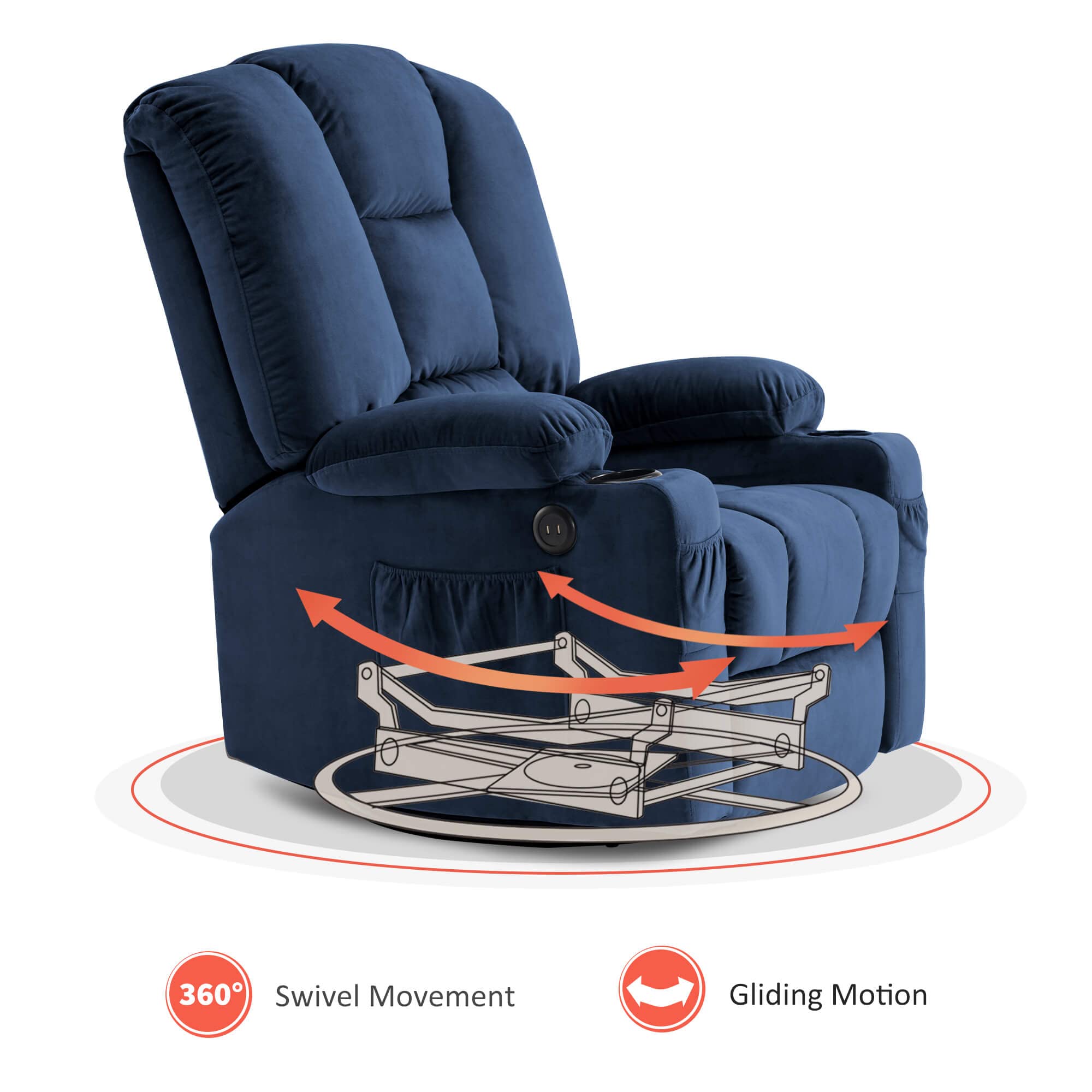 MCombo Manual Swivel Glider Rocker Recliner Chair with Heat and Massage, USB Ports, Cup Holders and Pockets, Fabric 6381 (Blue)