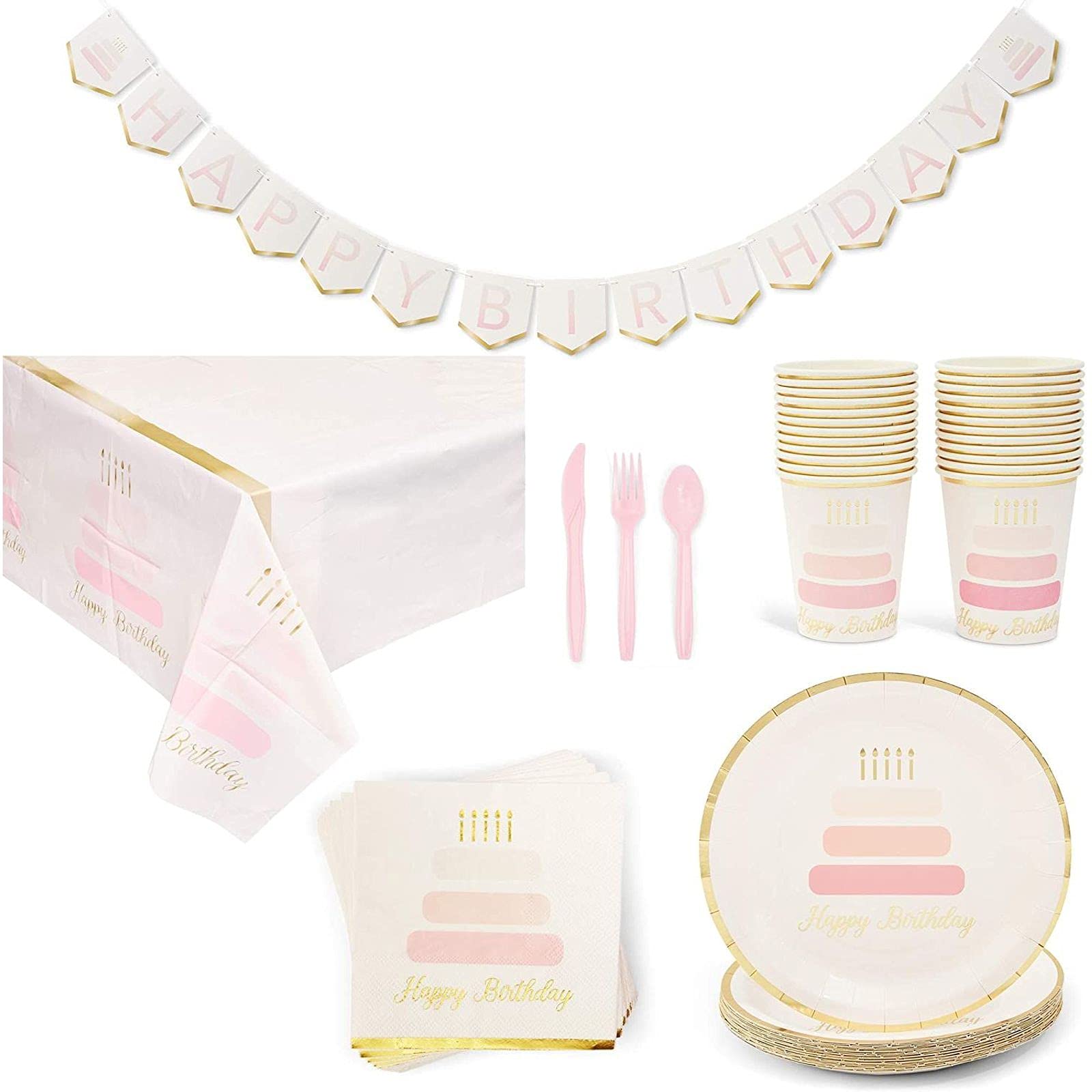 Happy Birthday Party Pack, Includes Dinnerware Set, Tablecloth, and Banner (Serves 24, 146 Pieces)