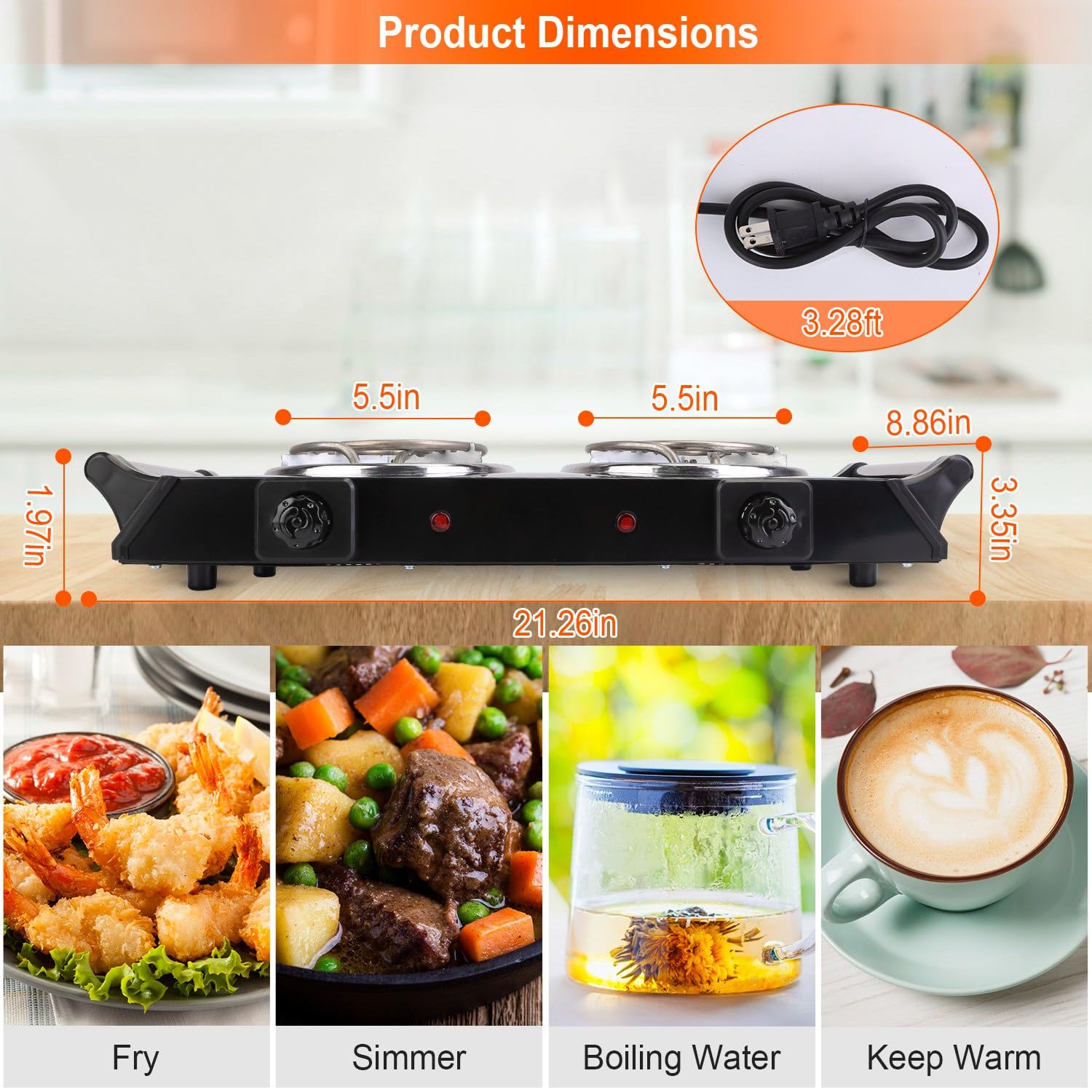 Hot Plate, 2000W Portable Electric Double Burner W/5 Level Temperature Control & Stay Cool Handles, Easy to Clean, Lightweight Cast Iron Electric Stove for Kitchen Camping Cooking, 110V